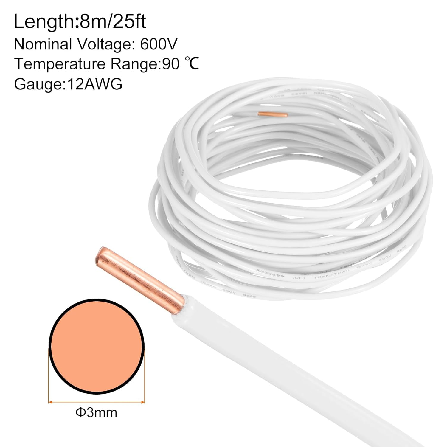 TRH-25 Feet Electrical Wire Insulated Solid Copper 12 AWG Hook Up Wire ...
