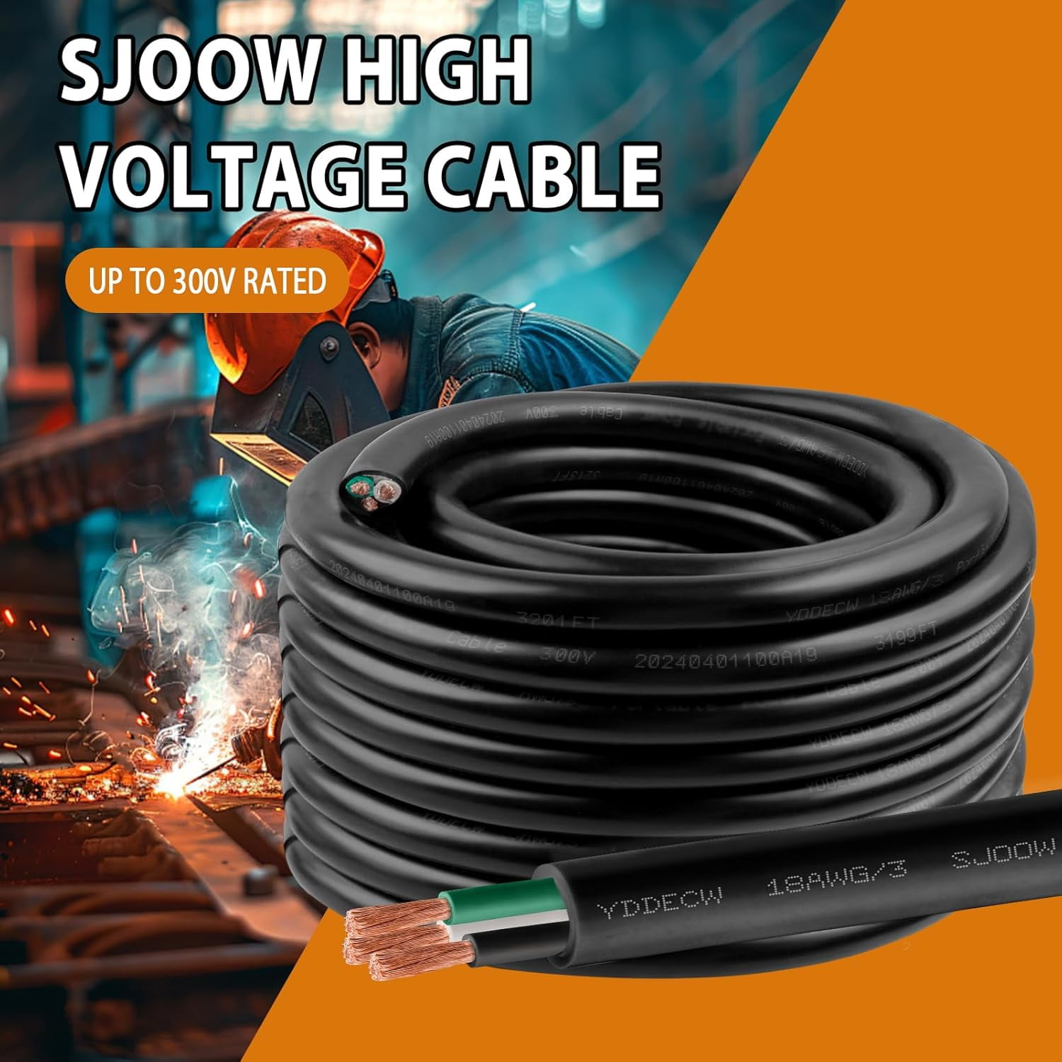TRH-25ft 18/3 18 AWG Portable Power Cable (3 Conductor) - SJOOW 300V 18 Gauge Electric Wire for ...