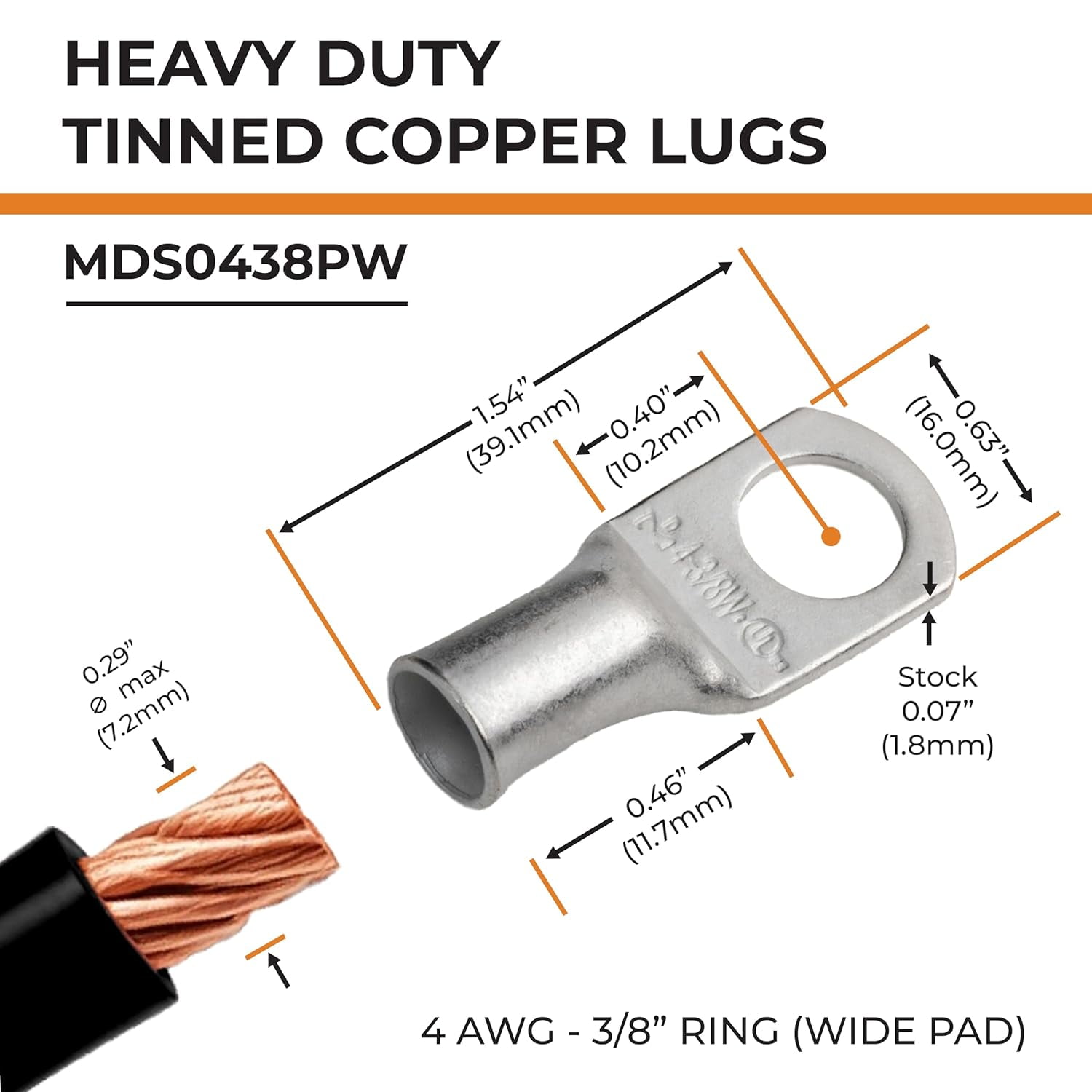 TRH-25pcs 4 AWG 3/8" Stud (Wide Pad) Marine Grade Tinned Copper Battery ...