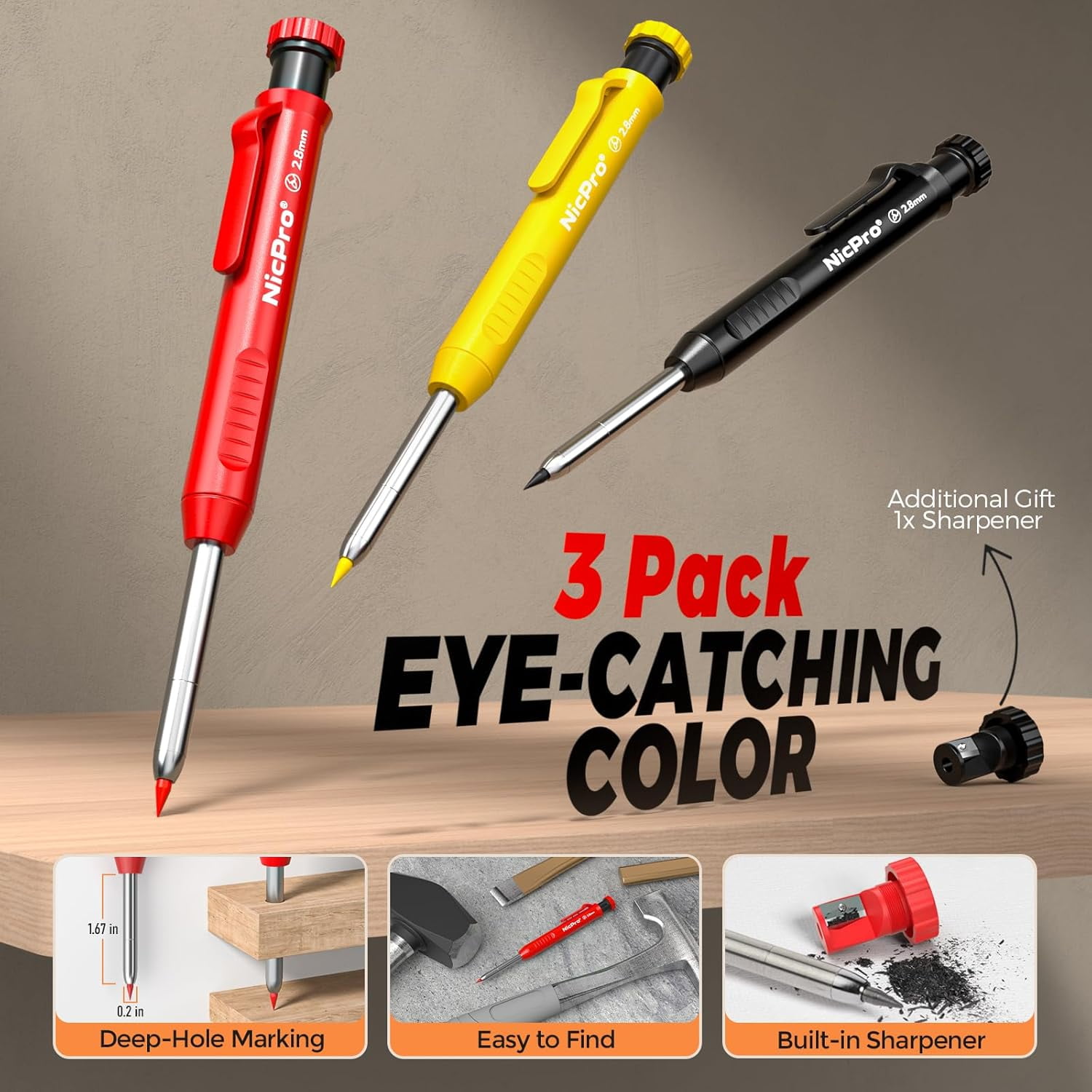 TRH-3 Pack CP1000 Carpenter Pencil with Sharpener, Mechanical Carpenter ...