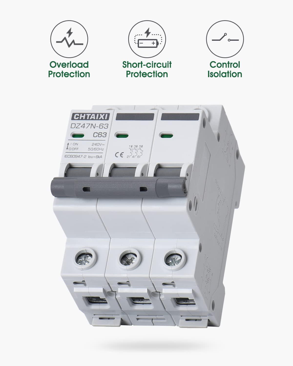 TRH-3 Pole DIN Rail Mount Circuit Breaker, 10 Amp 240V AC Miniature ...