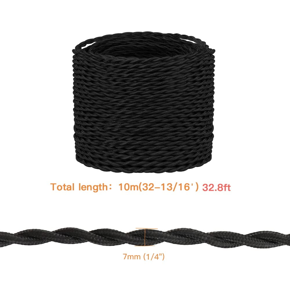 TRH-32.8ft Twisted Cloth Covered Wire, Black 182 Cloth Covered ...