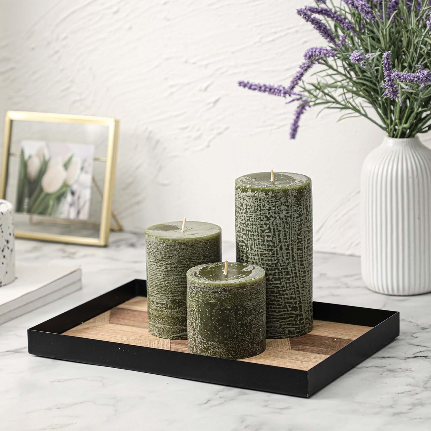 TRH-3x3 Inch Moss Green Pillar Candles Set of 3 - Unscented Spring Candles, Long Clean Burning ...