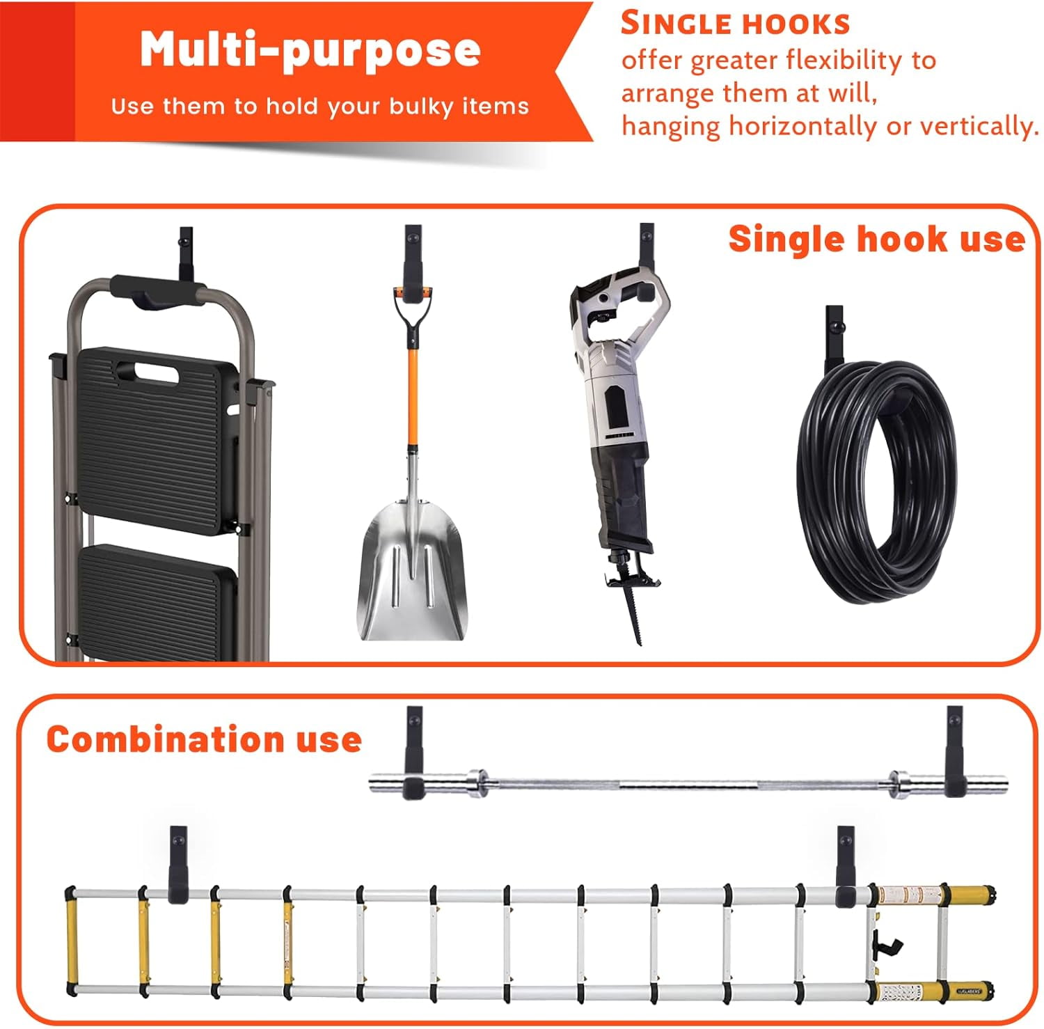 TRH-4 Pack Garage Storage Hooks, Ladder Hangers, Steel Wall Mount Hooks ...