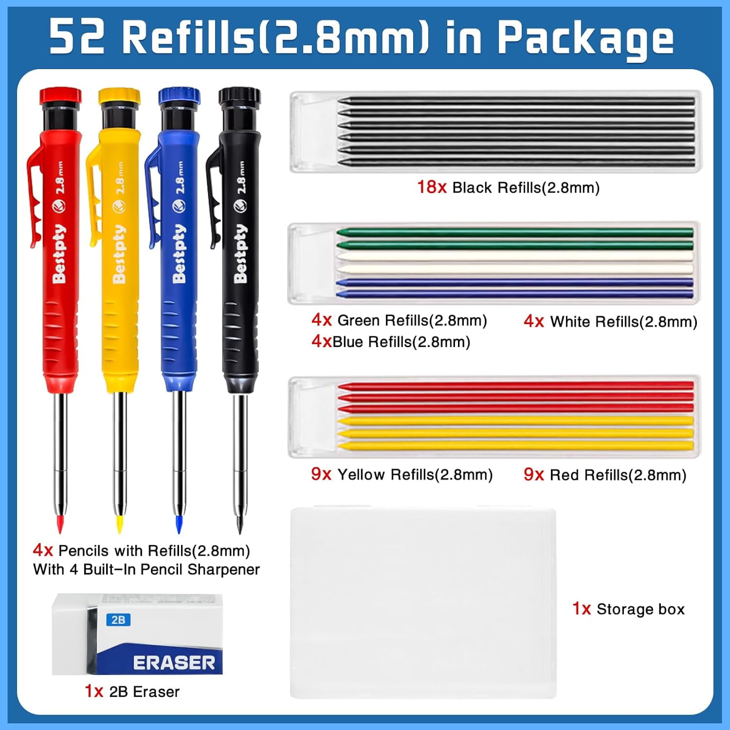 TRH-4PCS Carpenter Pencil with Sharpener Set, Mechanical Pencils with ...