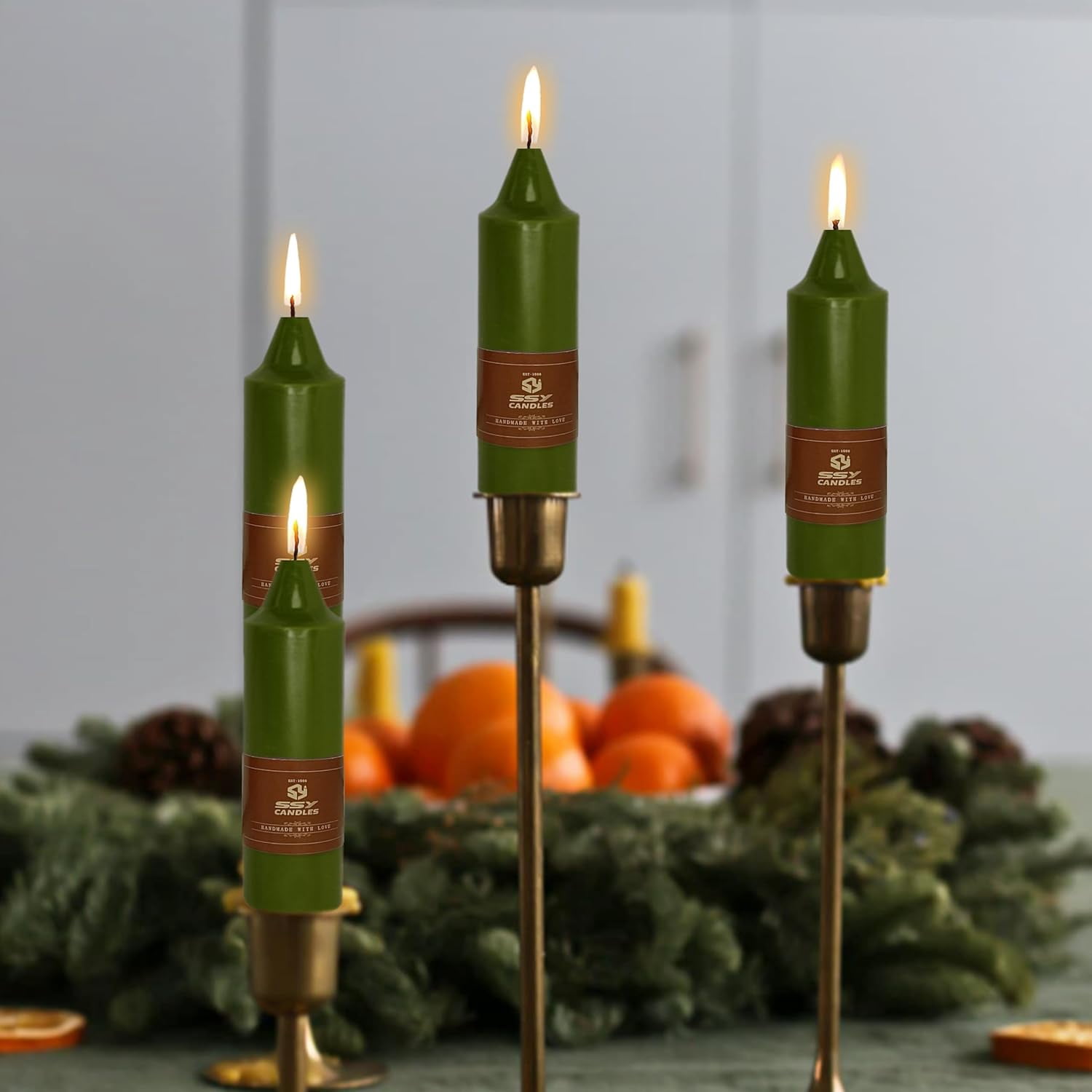 TRH-5 inch Short Candle Olive Green Unscented Candles 4 Pack Tapered ...