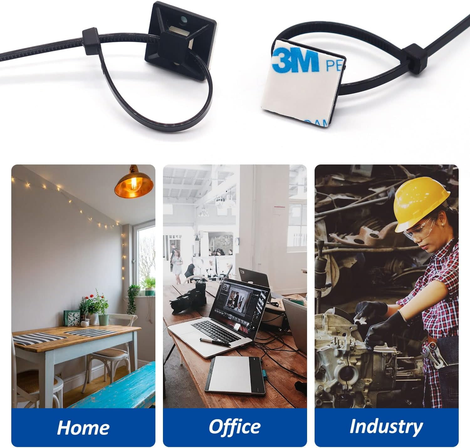 TRH-50 Set Cable Zip Tie Self Adhesive Mounts Kit with 6" Zip Ties, 3/4 ...