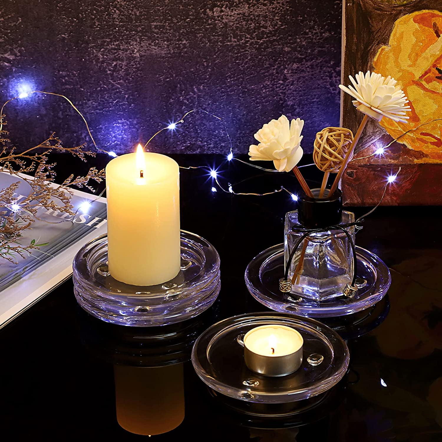 TRH-5PCS Clear Glass Candle Plates 3 Inch Pillar Candle Holders, Glass ...