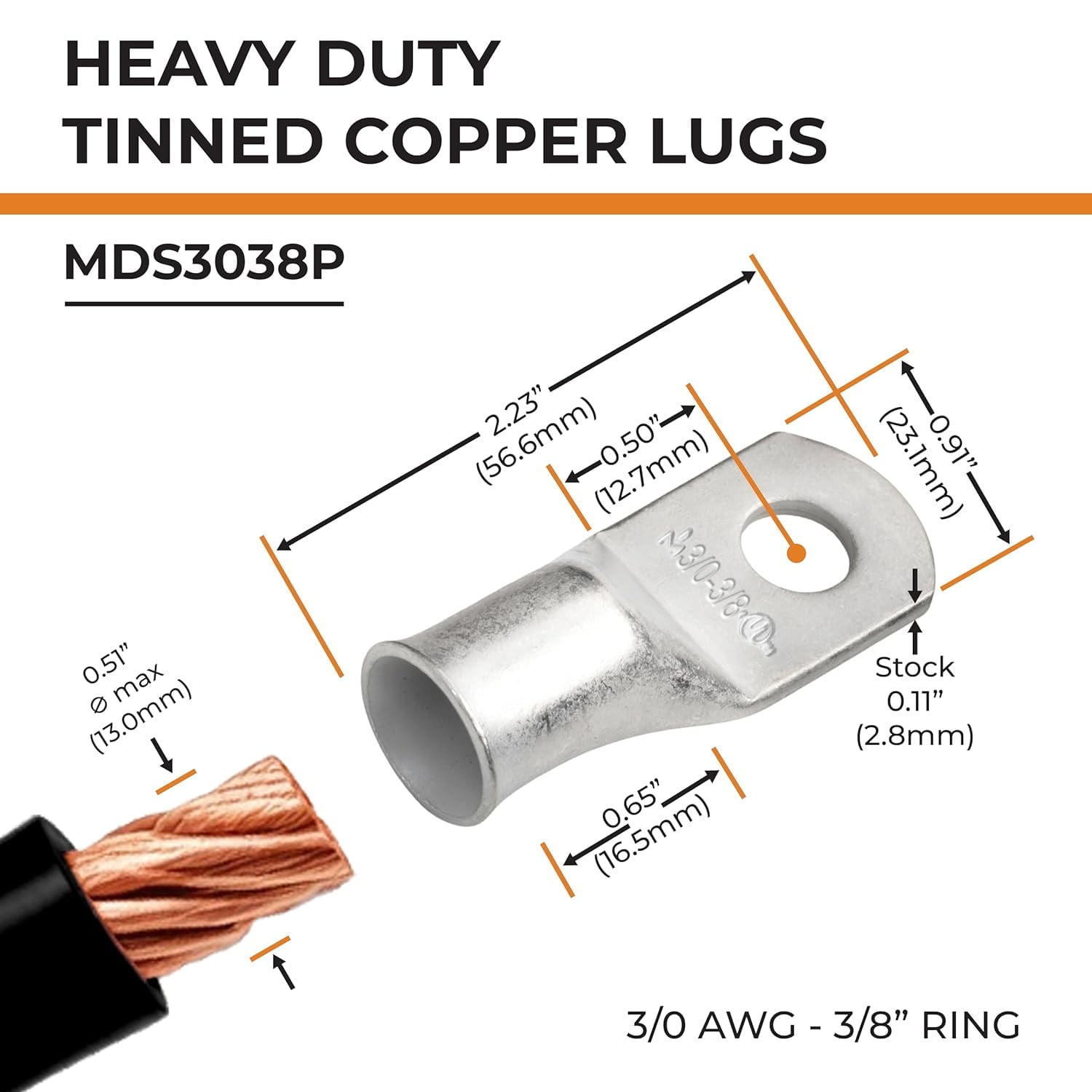 TRH-5pcs 3/0 AWG 3/8" Stud Tinned Copper Wire Lugs, Ring Terminals ...