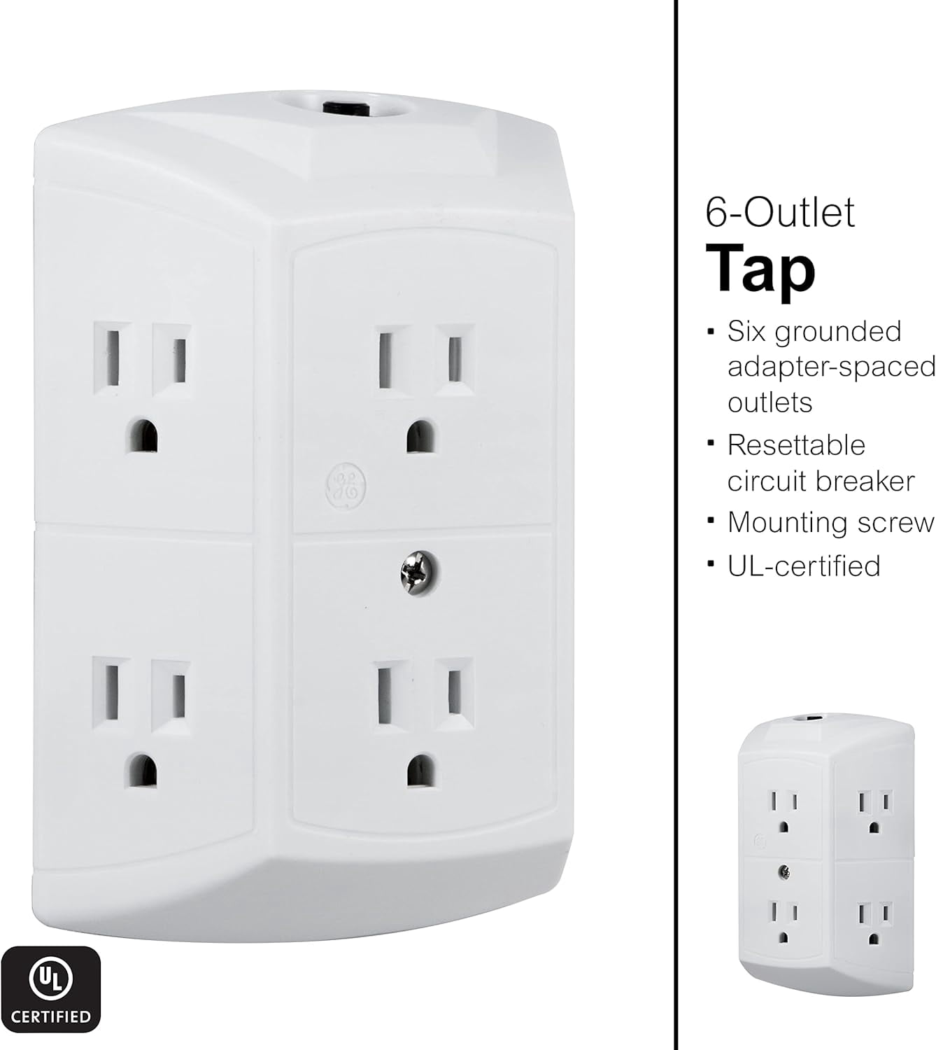 TRH-6-Outlet Extender, 2 Pack, Grounded Wall Tap, Reset Button, Circuit ...