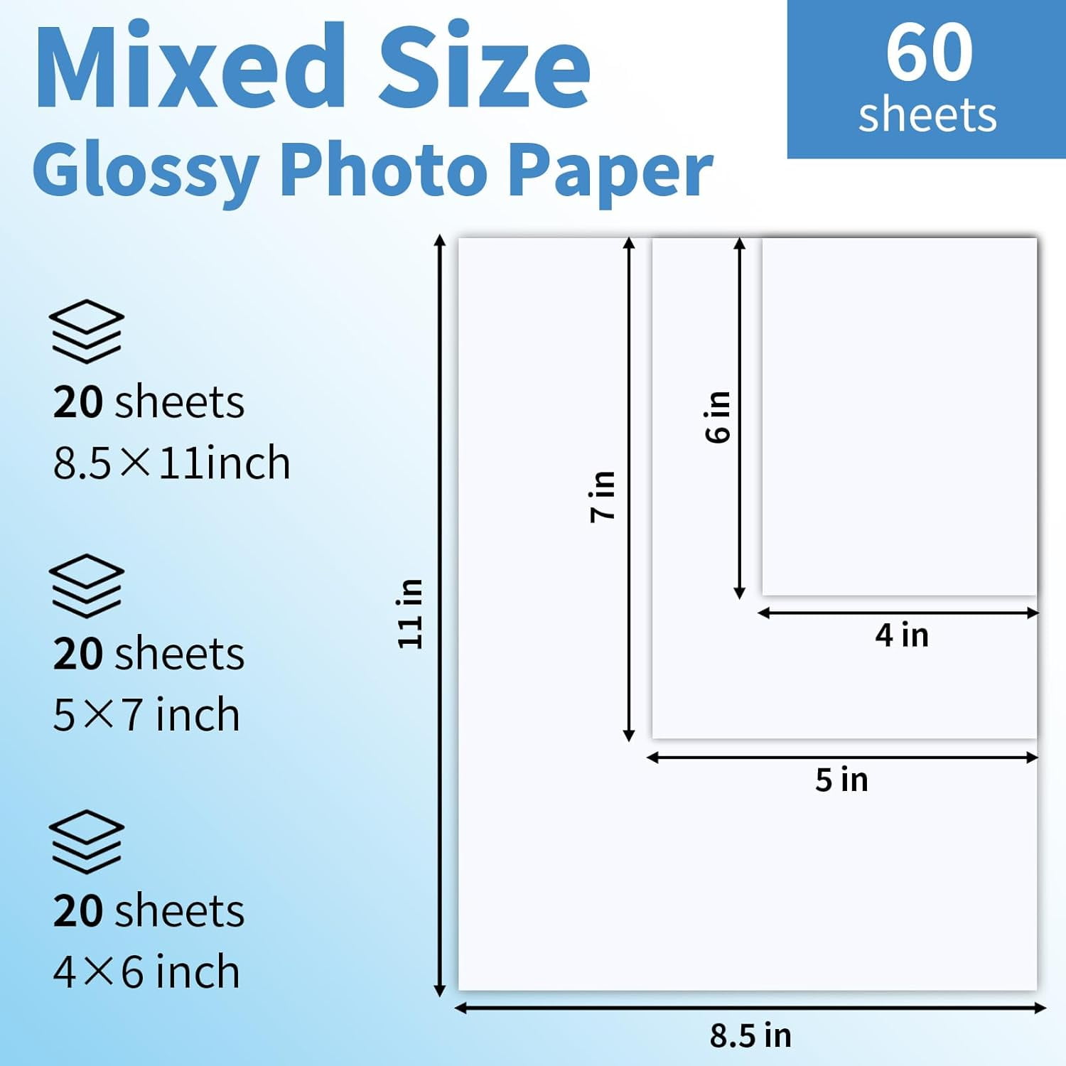 TRH-60 Sheets Glossy Photo Paper, 4x6 5x7 8.5x11 inch Inkjet Photo ...