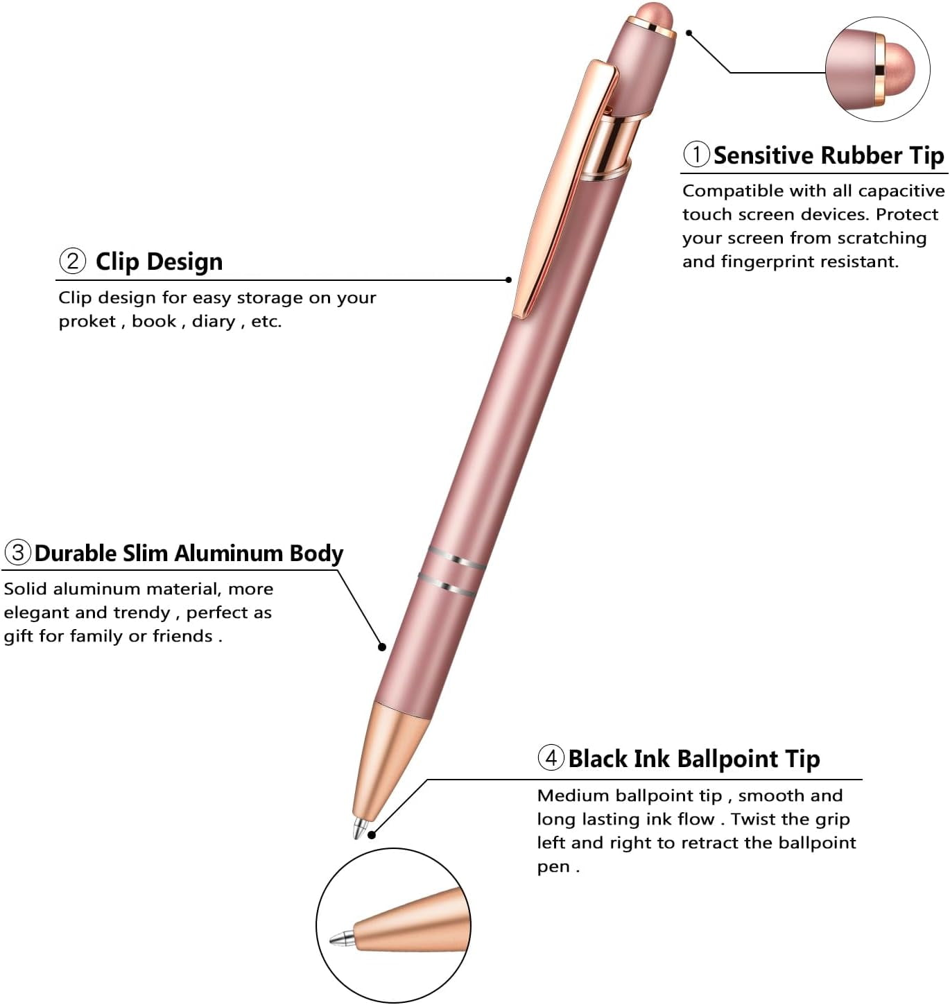 TRH-9 Pack Ballpoint Pens Smooth Writing 2-in-1 Stylus Retractable ...