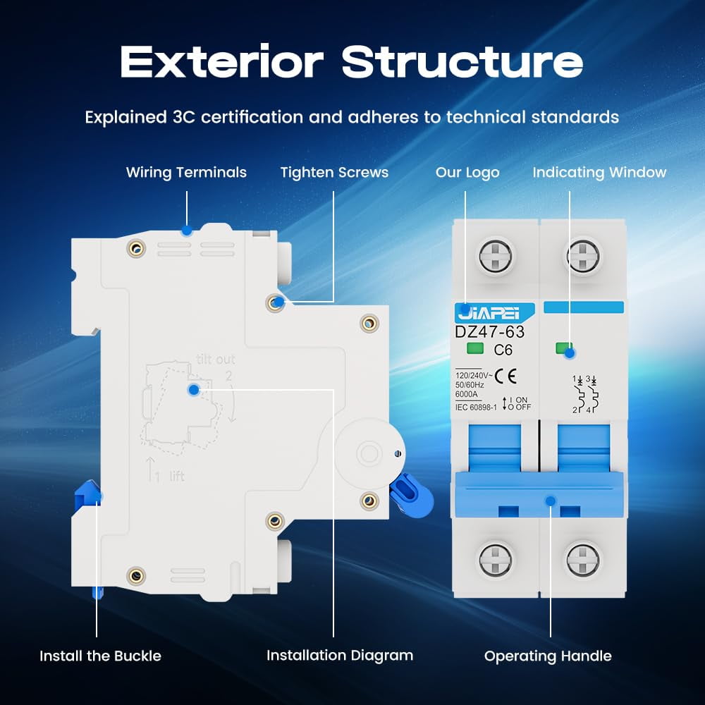 TRH-AC Miniature Circuit Breaker, 120V/240V 2 Pole 6 Amp DIN Rail Mount Circuit Breaker, MCB C6 ...