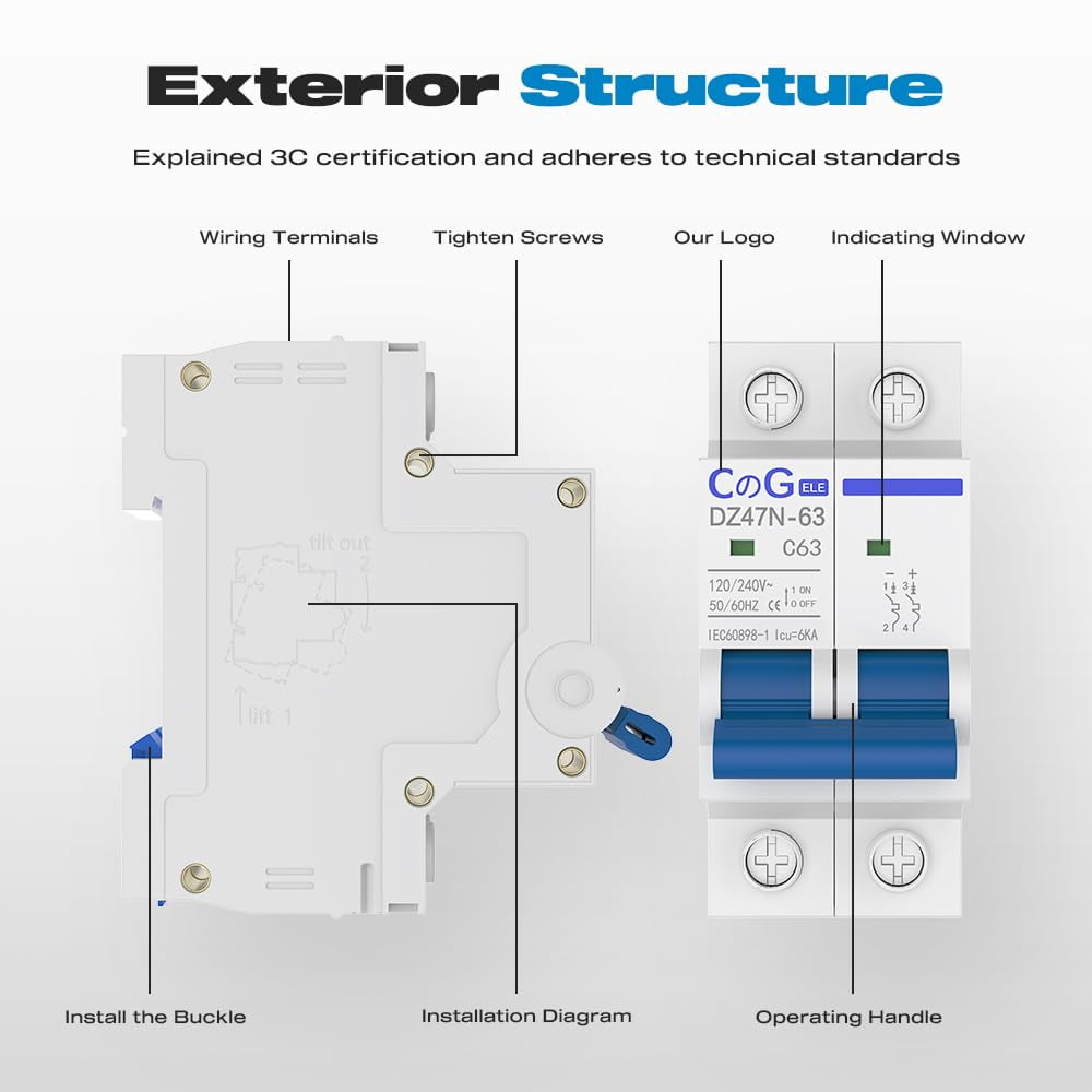 TRH-AC Miniature Circuit Breaker 63 Amp 2 Pole 120/240V Solar AC Disconnect Switch Thermal ...
