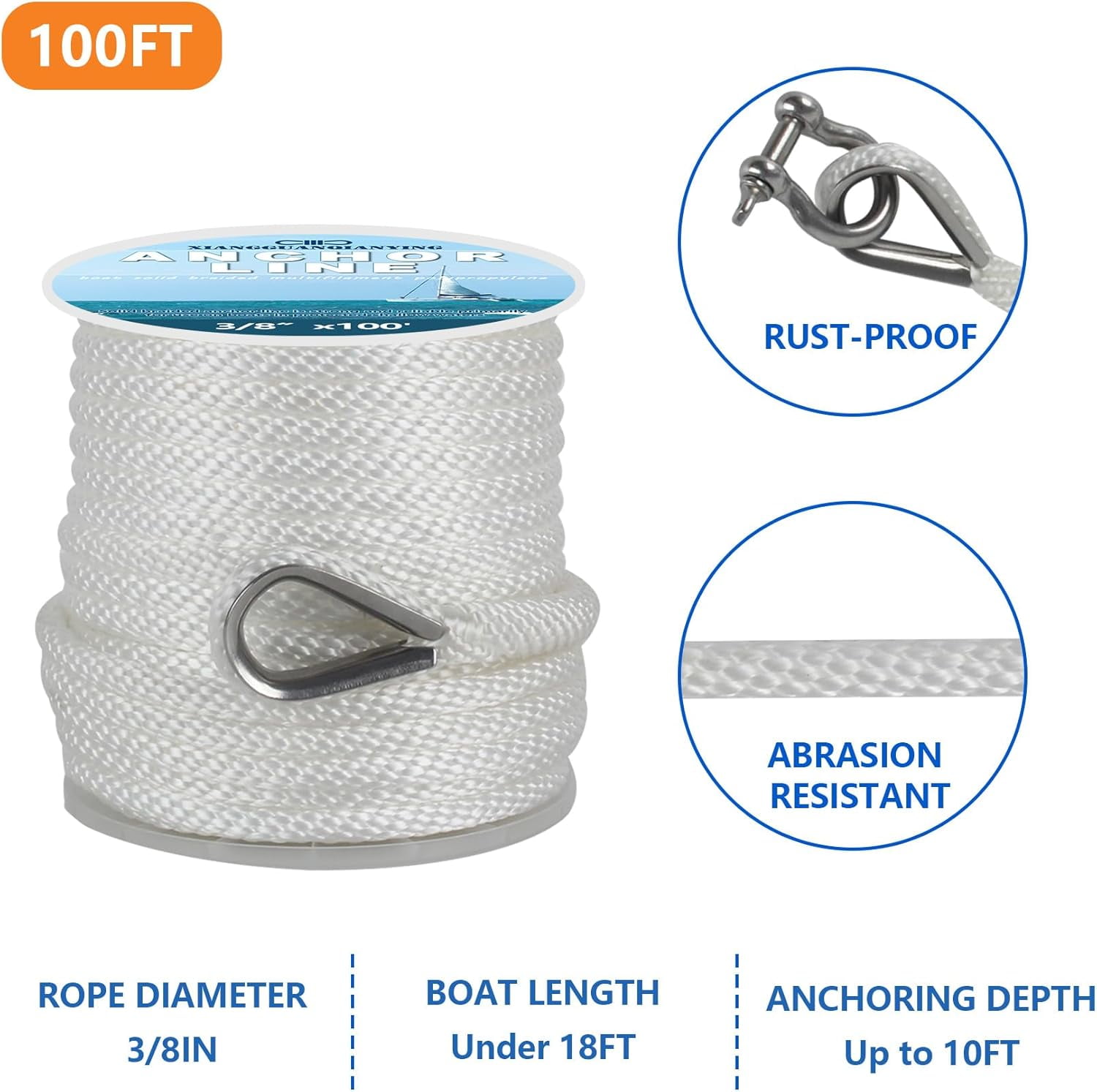 TRH-Anchor Rope 100 Ft x 3/8 Inch Premium Solid Braid MFP Anchor Line ...