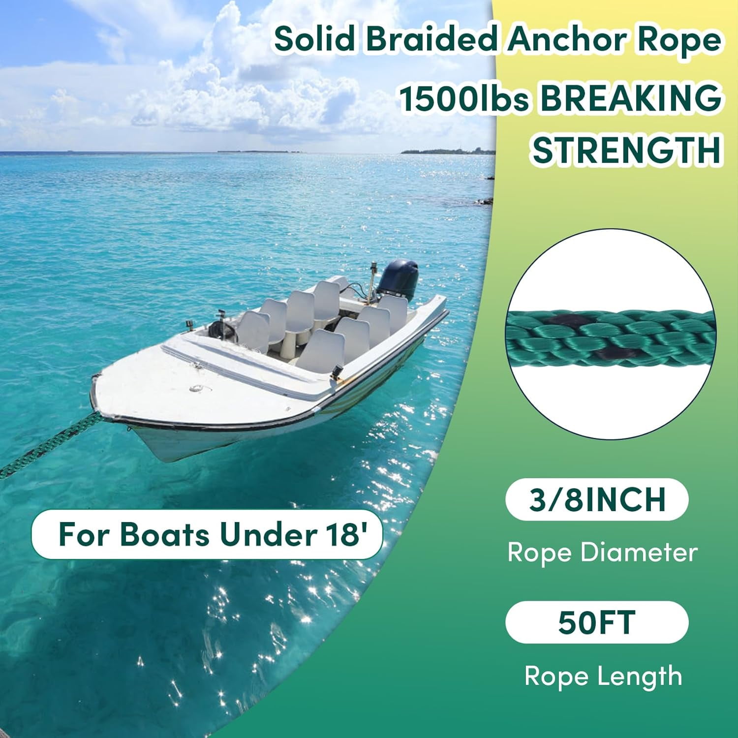 TRH-Anchor Rope 3/8in x 50FT,Premium Solid MFP Braided Boat Anchor ...