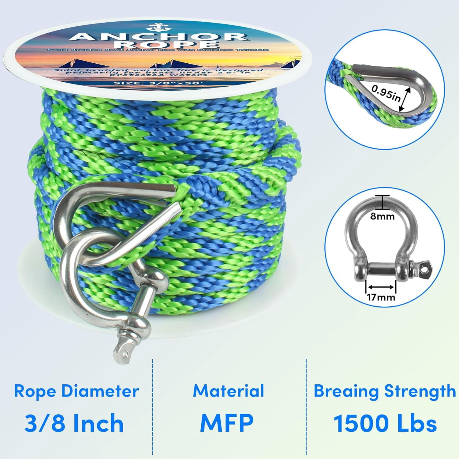 TRH-Anchor Rope 50 Ft X 3/8 Inch, Premium Solid Braid MFP Anchor Line ...