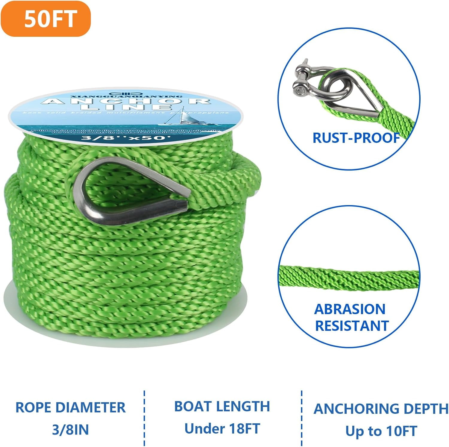 TRH-Anchor Rope 50 Ft x 3/8 Inch Premium Solid Braid MFP Anchor Line ...