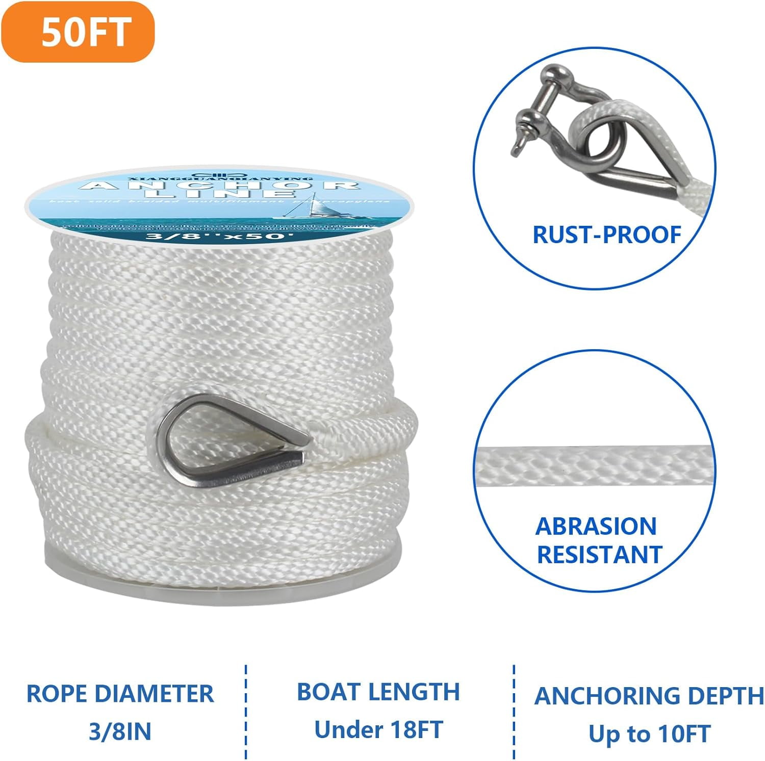 TRH-Anchor Rope 50 Ft x 3/8 Inch Premium Solid Braid MFP Anchor Line ...