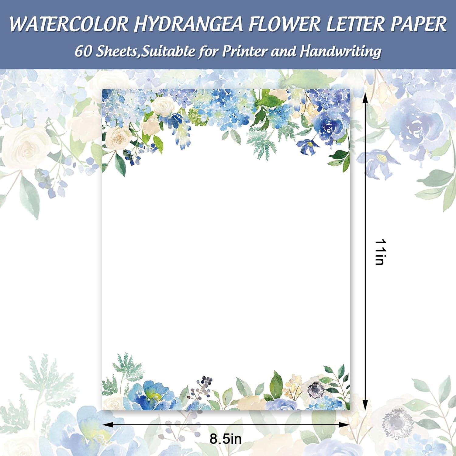 TRH-AnyDesign 60 Pack Hydrangea Stationery Letterhead Paper Blue Purple ...
