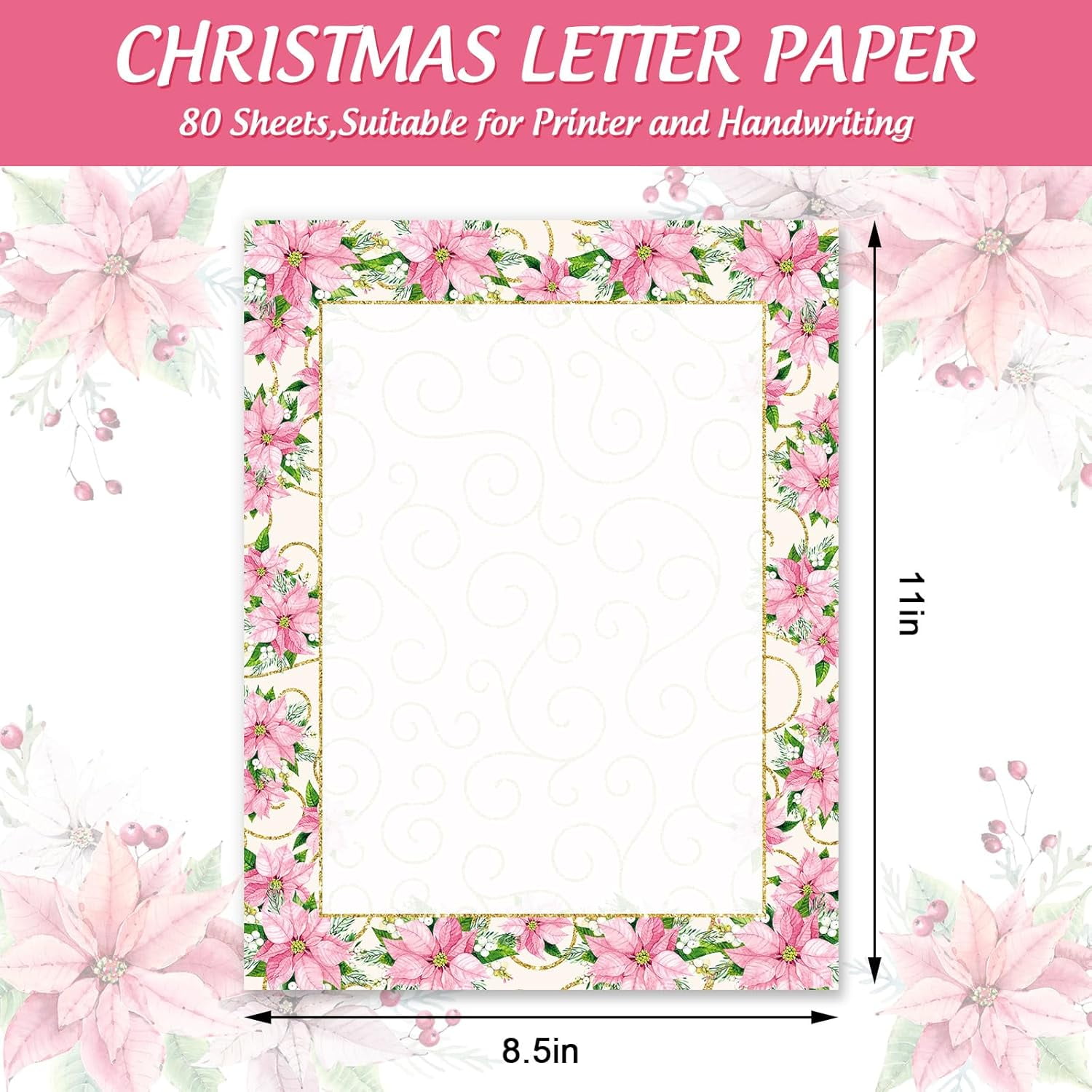 TRH-AnyDesign 80 Pack Christmas Stationery Letterhead Paper Pink ...