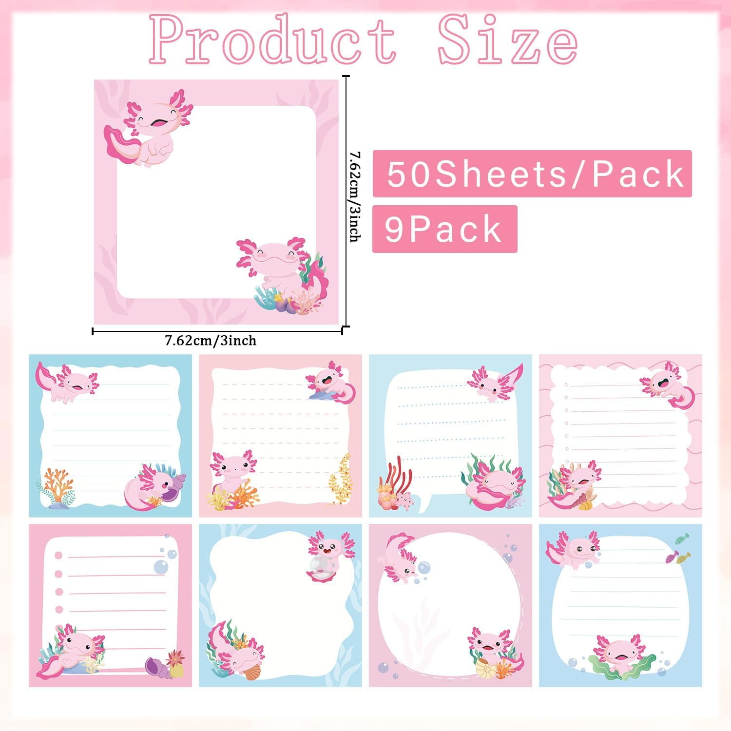 TRH-Axolotl Sticky Notes Gifts 9Pack Cute Sticky Notes 3x3 Cartoon ...