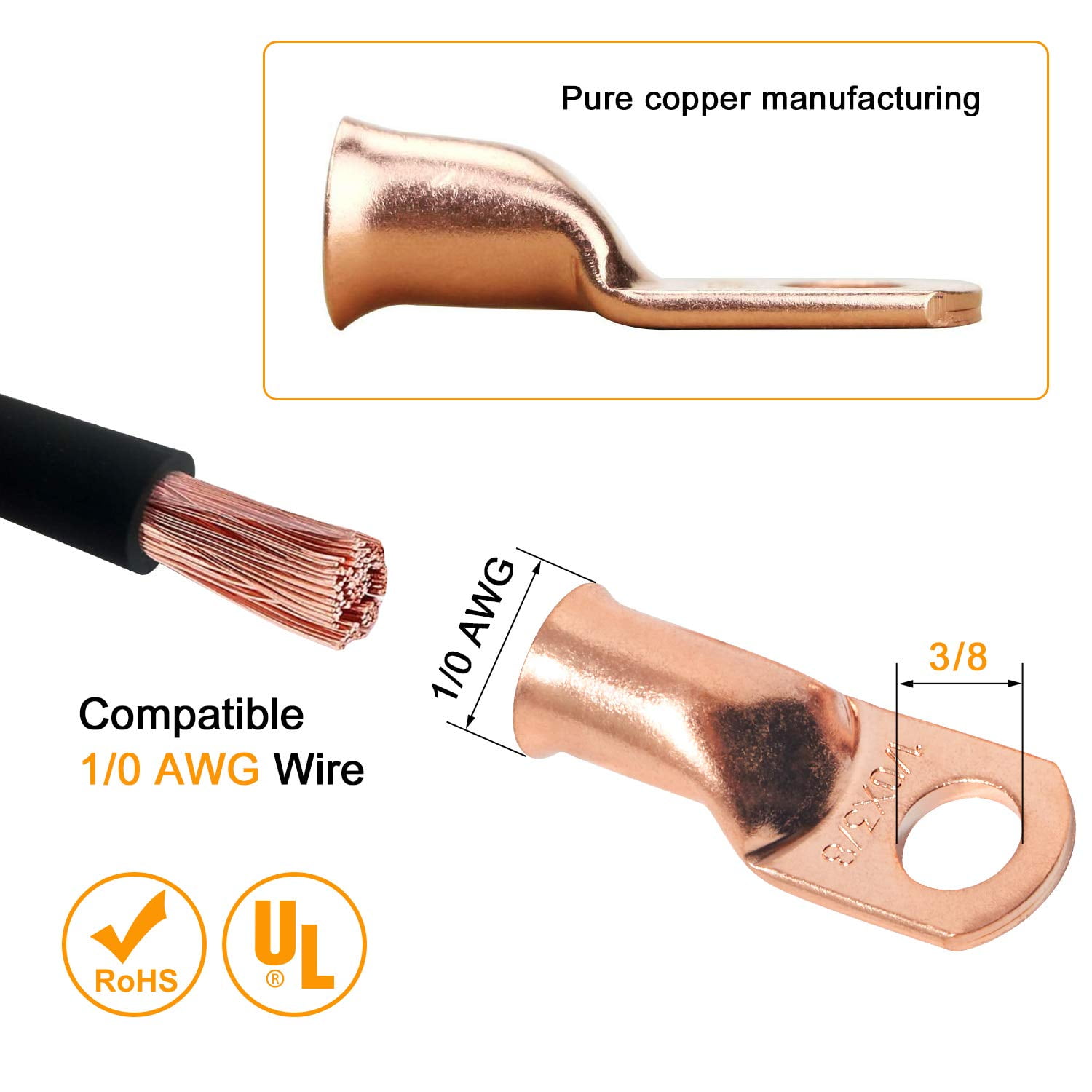 TRH-Bare Copper 1/0 AWG-3/8\u201dRing Terminals 10pcs Cable Lug Wire ...