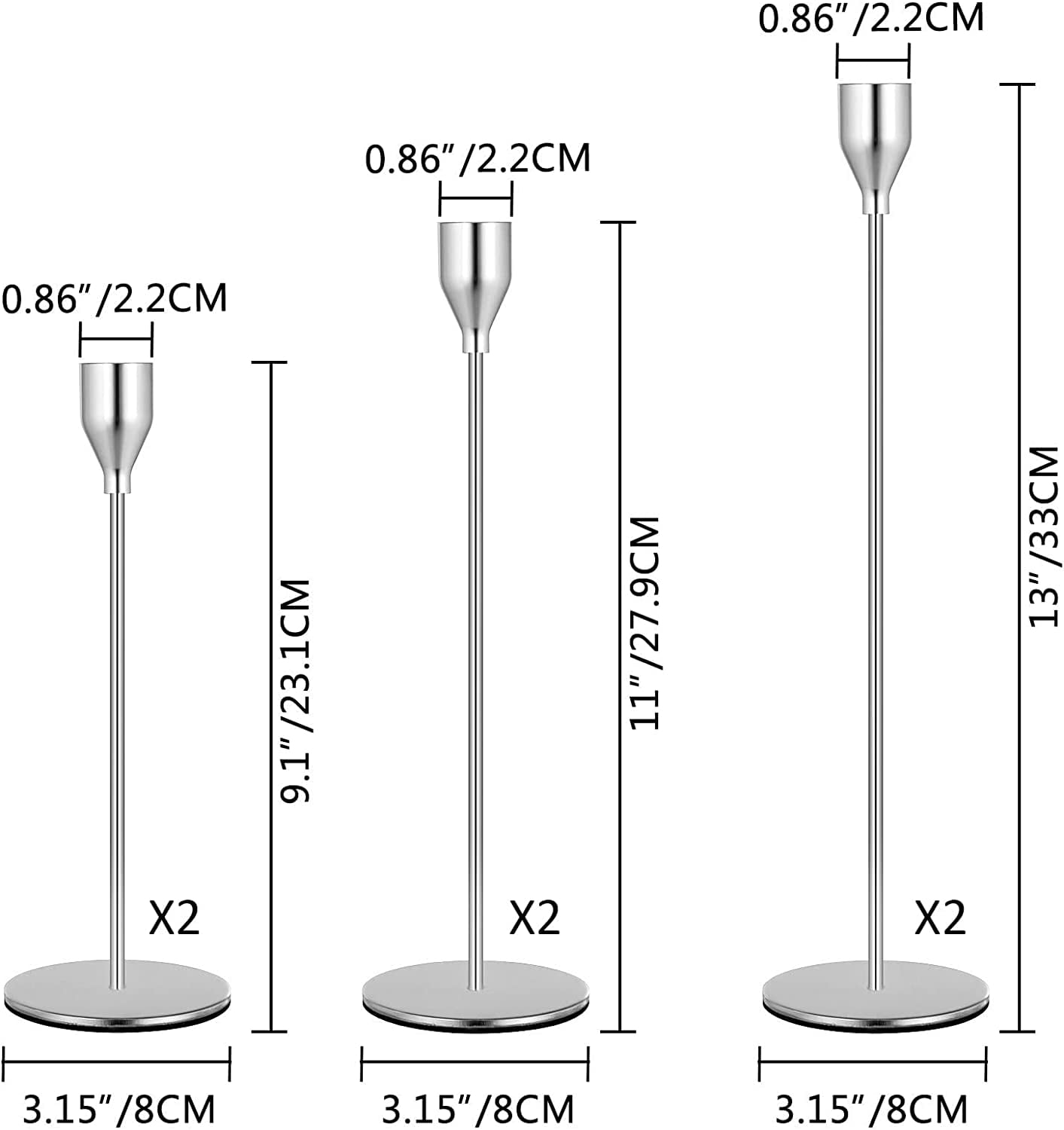 TRH-Candlestick Holders 2 Sets, 6 PCS Silver Taper Candle Holders ...