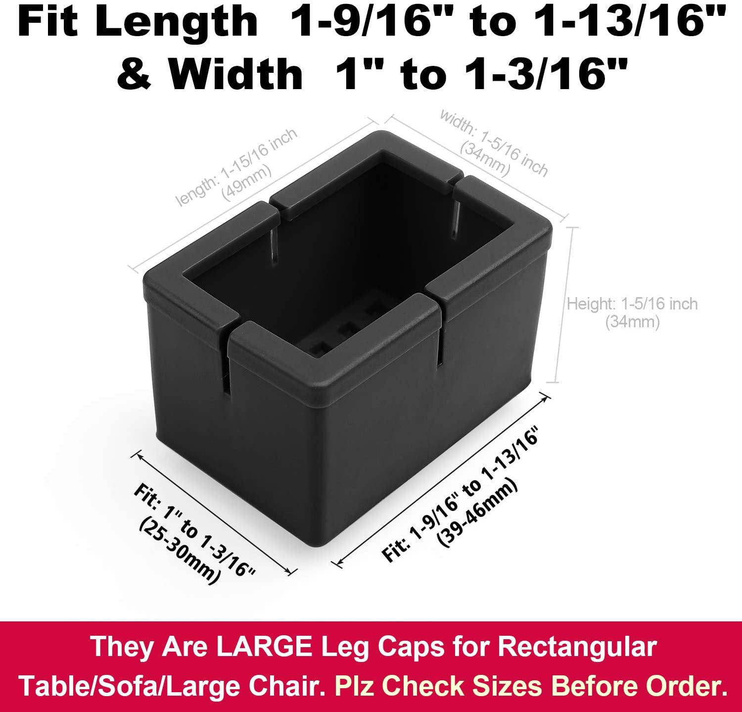 TRH-Chair Leg Floor Protectors Rectangular Fit Length 1-9/16" to 1-13/ ...