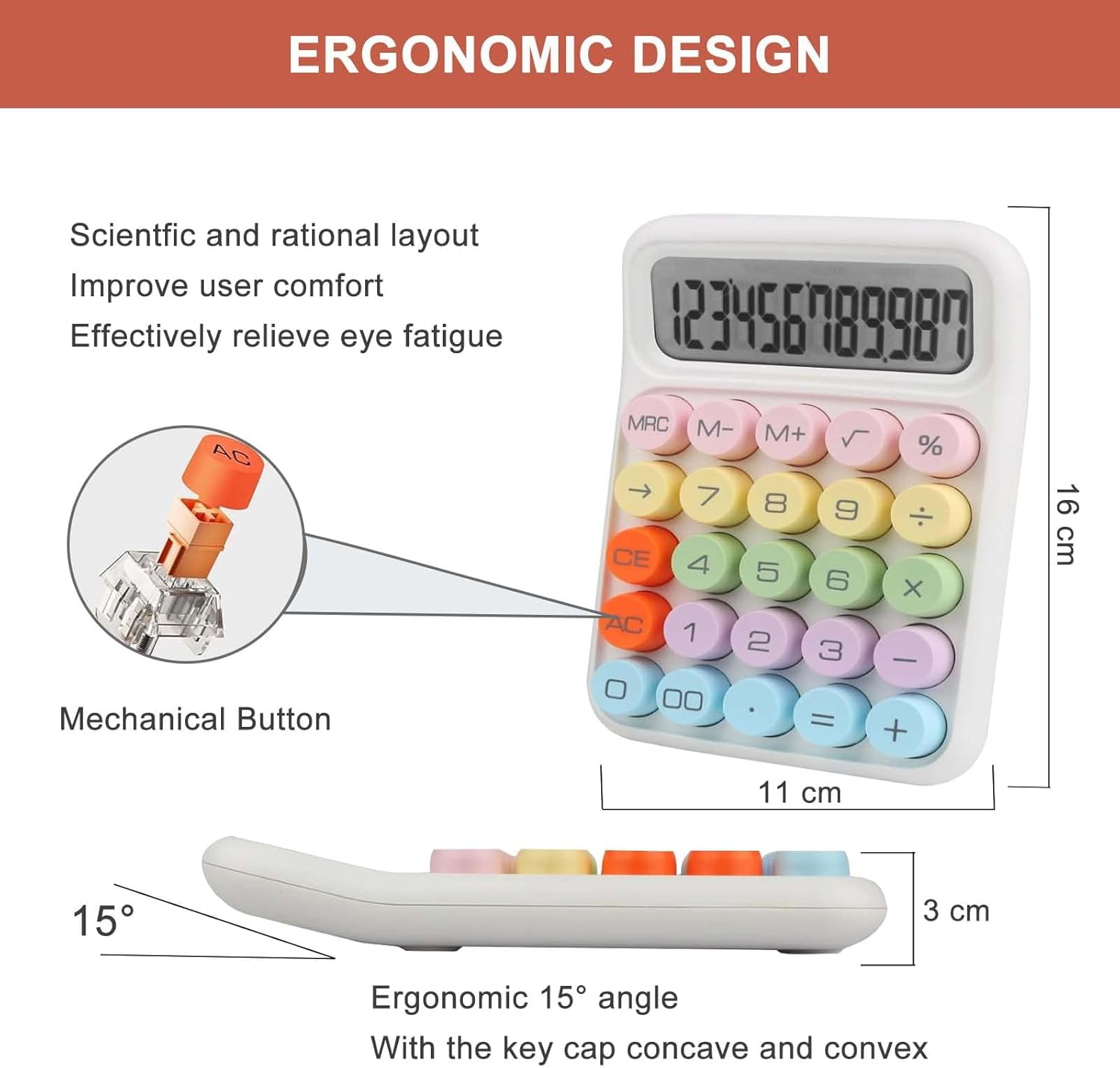 TRH-Colorful Mechanical Calculator, 12 Digits Large Display, Desktop Calculator with Big Buttons ...