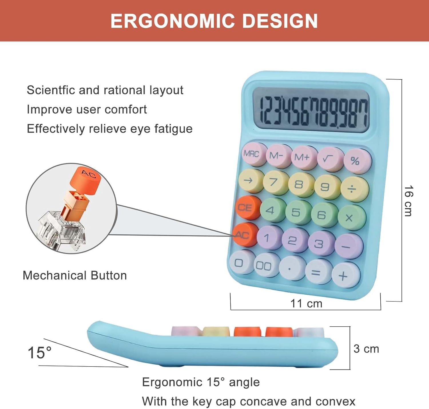 TRH-Colorful Mechanical Calculator, 12 Digits Large Display, Desktop Calculator with Big Buttons ...