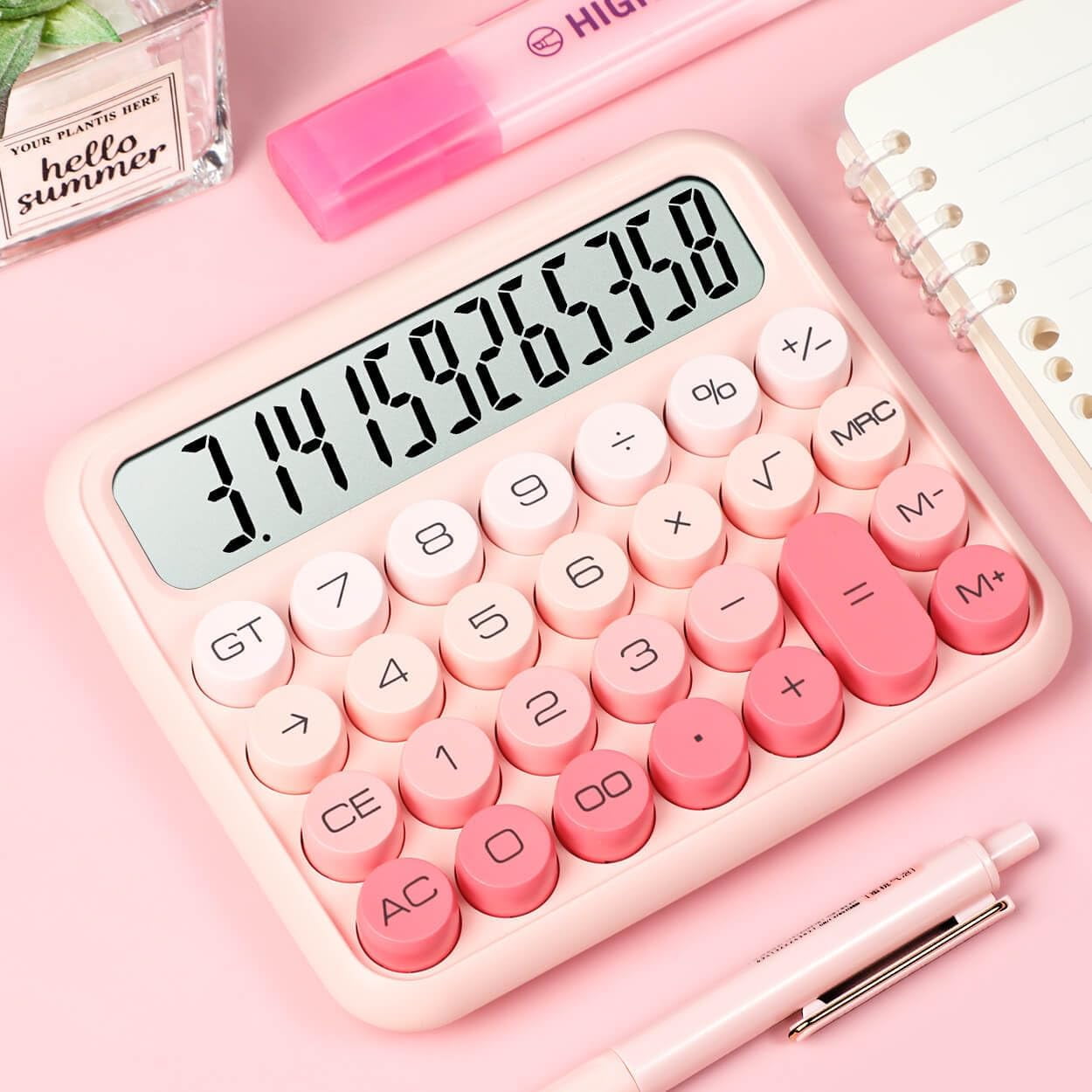 TRH-Cute Pink Calculator, 12 Bit Large Screen High-Definition Mechanical Calculator, Accurate ...