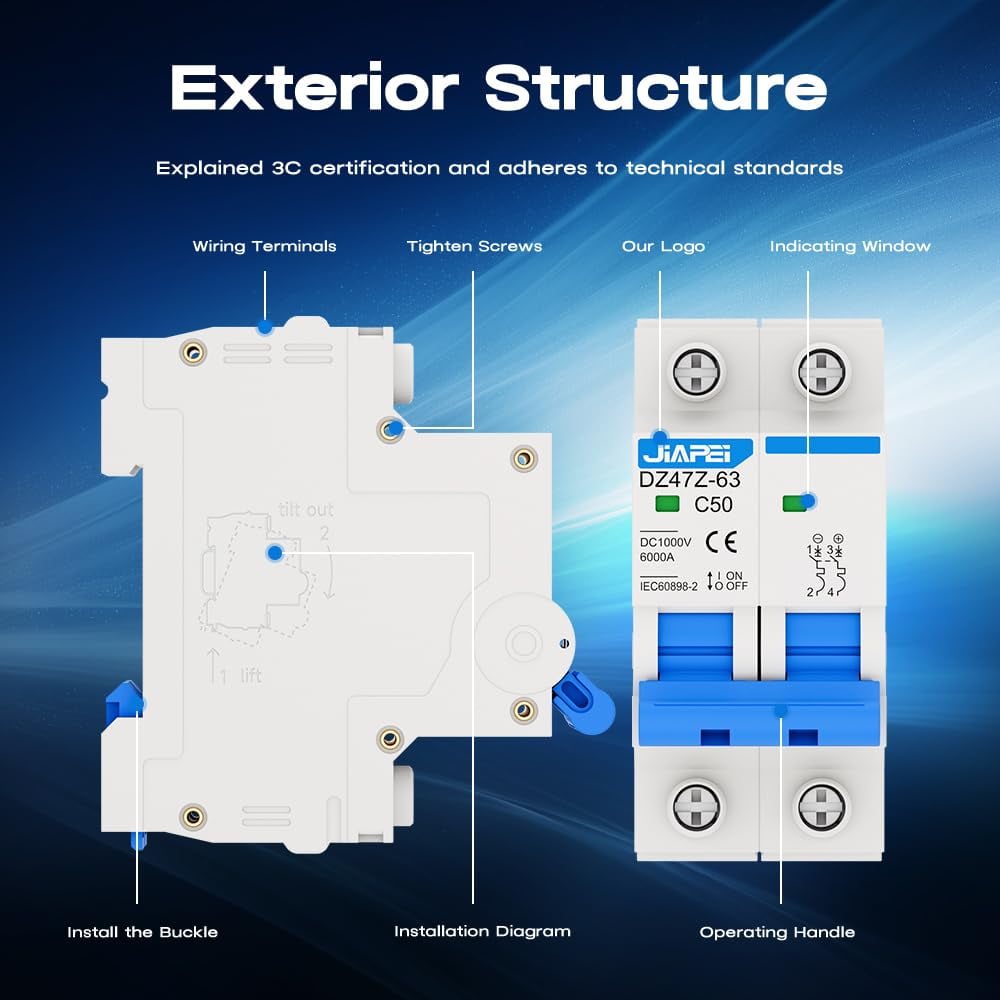 TRH-DC Miniature Circuit Breaker, 1000V 2 Pole 50 Amp Isolator for Solar PV System, Thermal ...