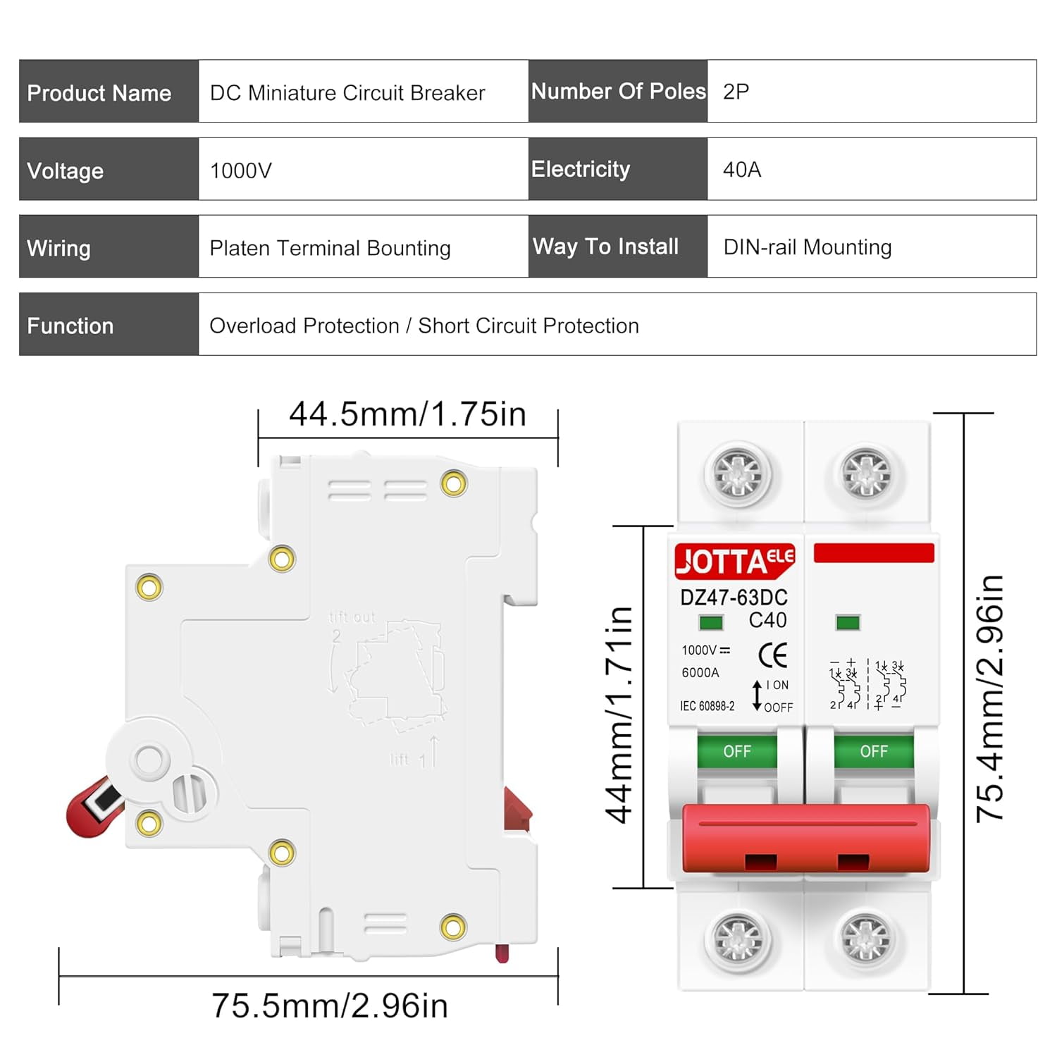 TRH-DC Solar Panels Disconnect Switch,Miniature Circuit Breaker 2 Pole 1000V 40 Amp Isolator for ...