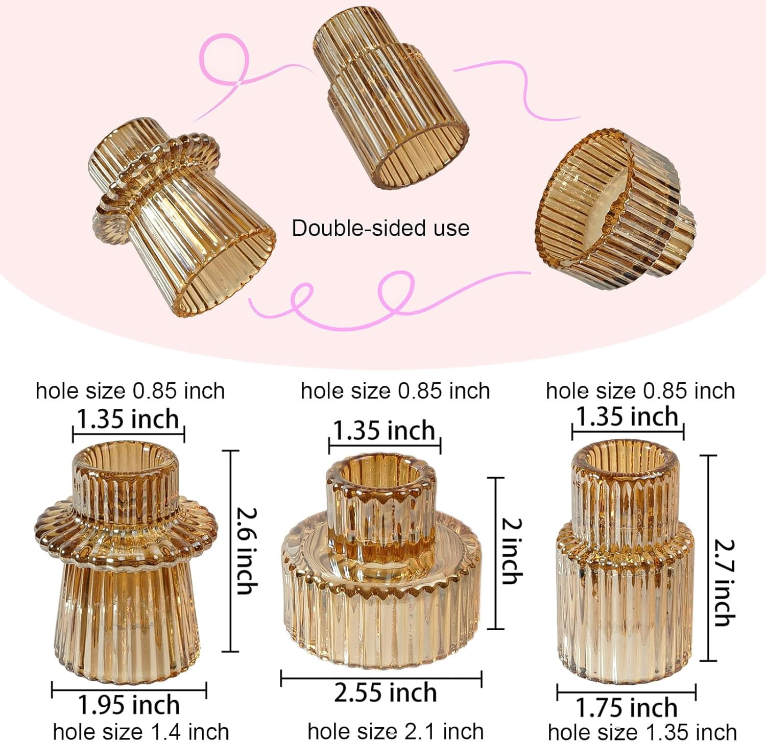 TRH-Double Sided Vintage Ribbed Taper Glass Candle Holders,Tea Candle ...