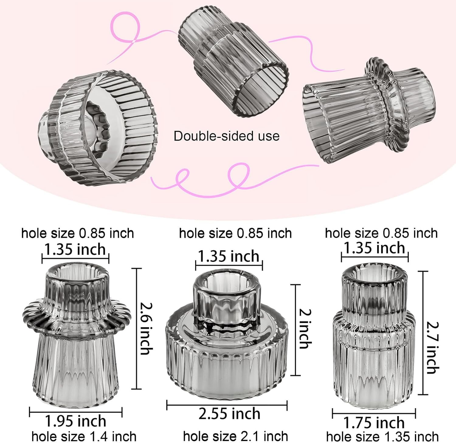 TRH-Double Sided Vintage Ribbed Taper Glass Candle Holders,Tea Candle ...