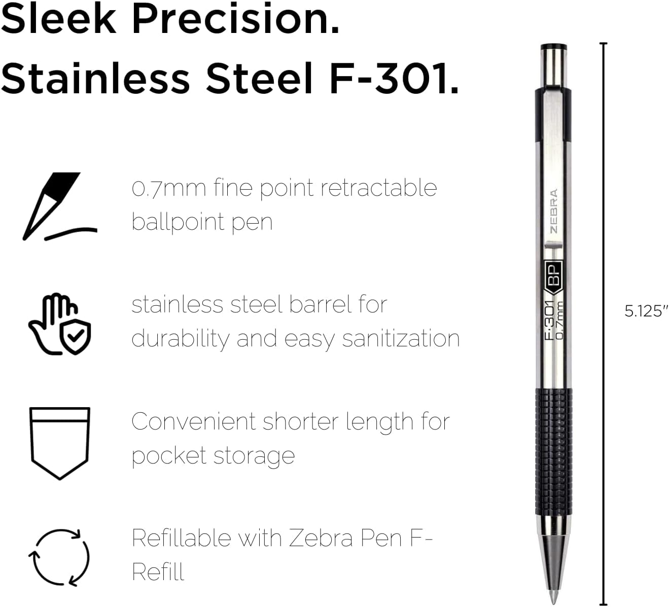 TRH-F-301 Retractable Ballpoint Pen, Stainless Steel Barrel, Fine Point ...