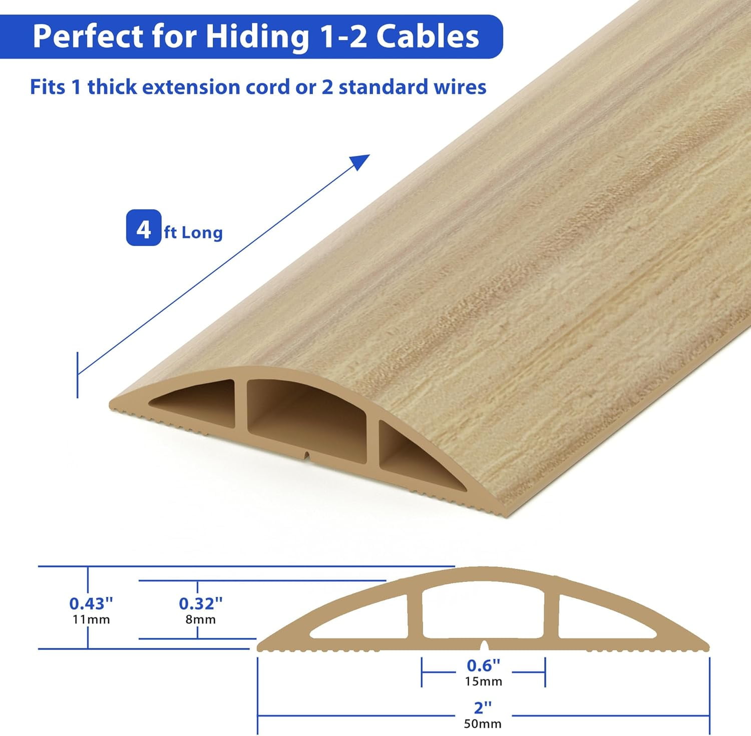 TRH-Floor Cord Cover 4ft, Maple Wood Cord Hider Floor Hide Extension ...