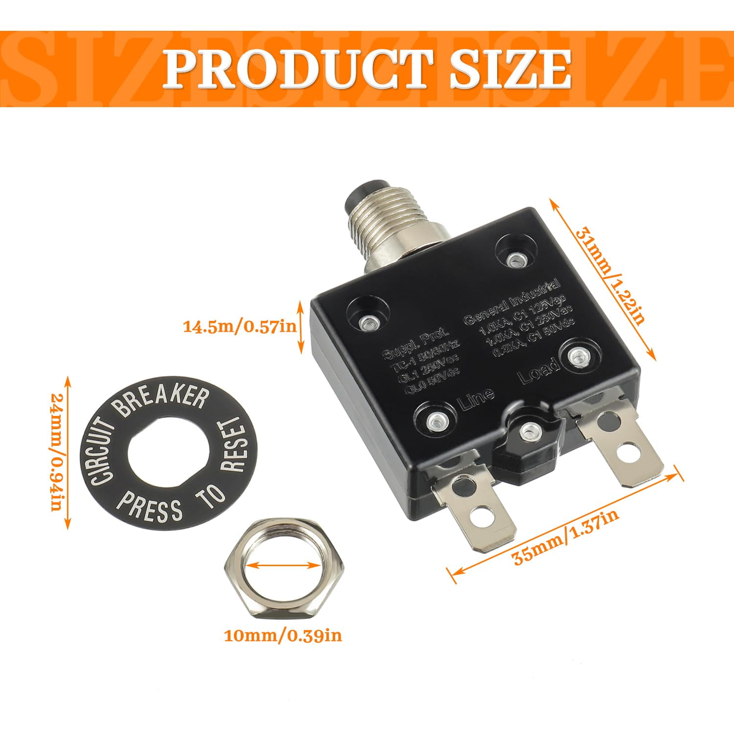 TRH-HUWREW 10 Amp Push Button Circuit Breaker 125-250V AC 50V DC L1 ...