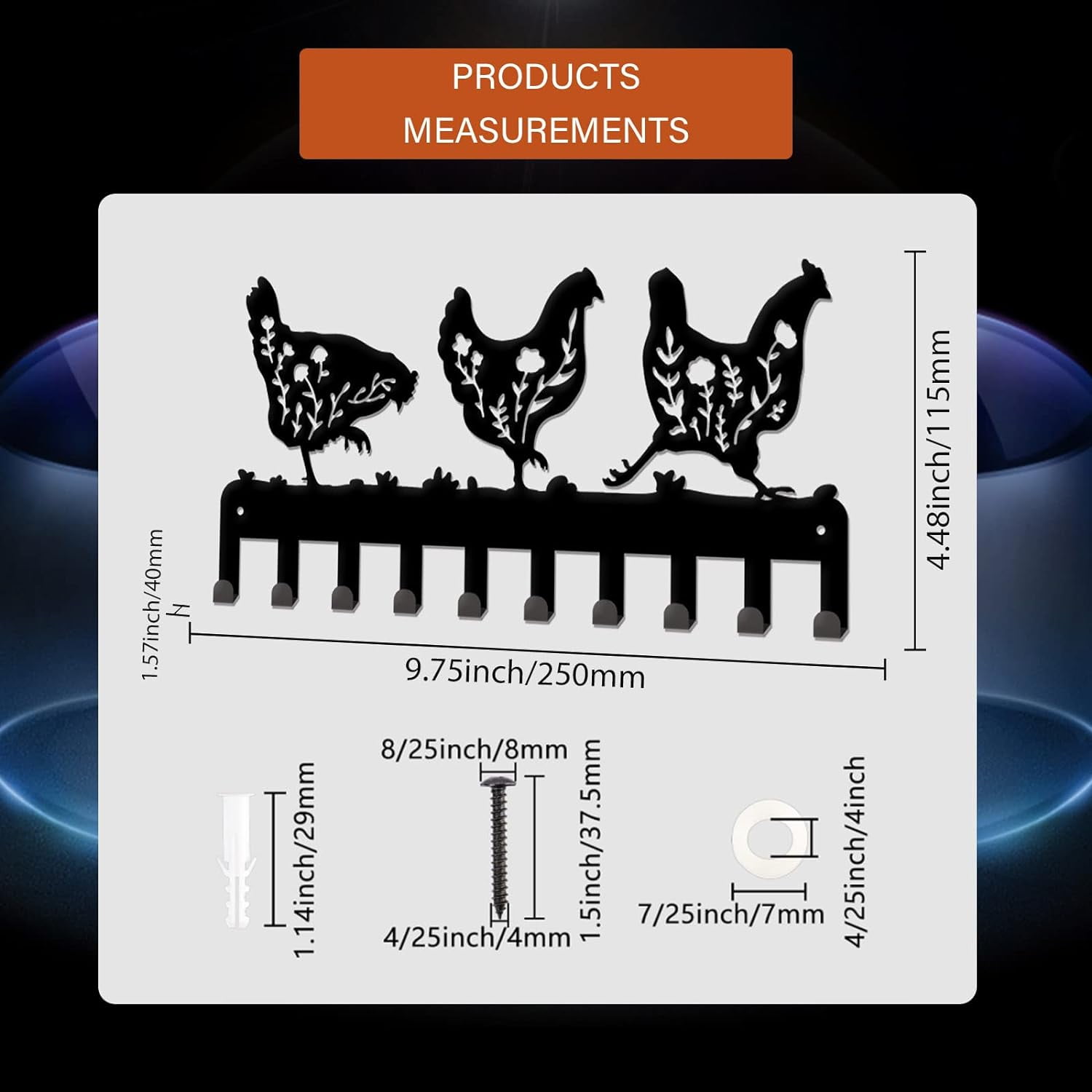 TRH-Key Holder for Wall Black Metal Key Hooks with 10 Hooks Floral ...