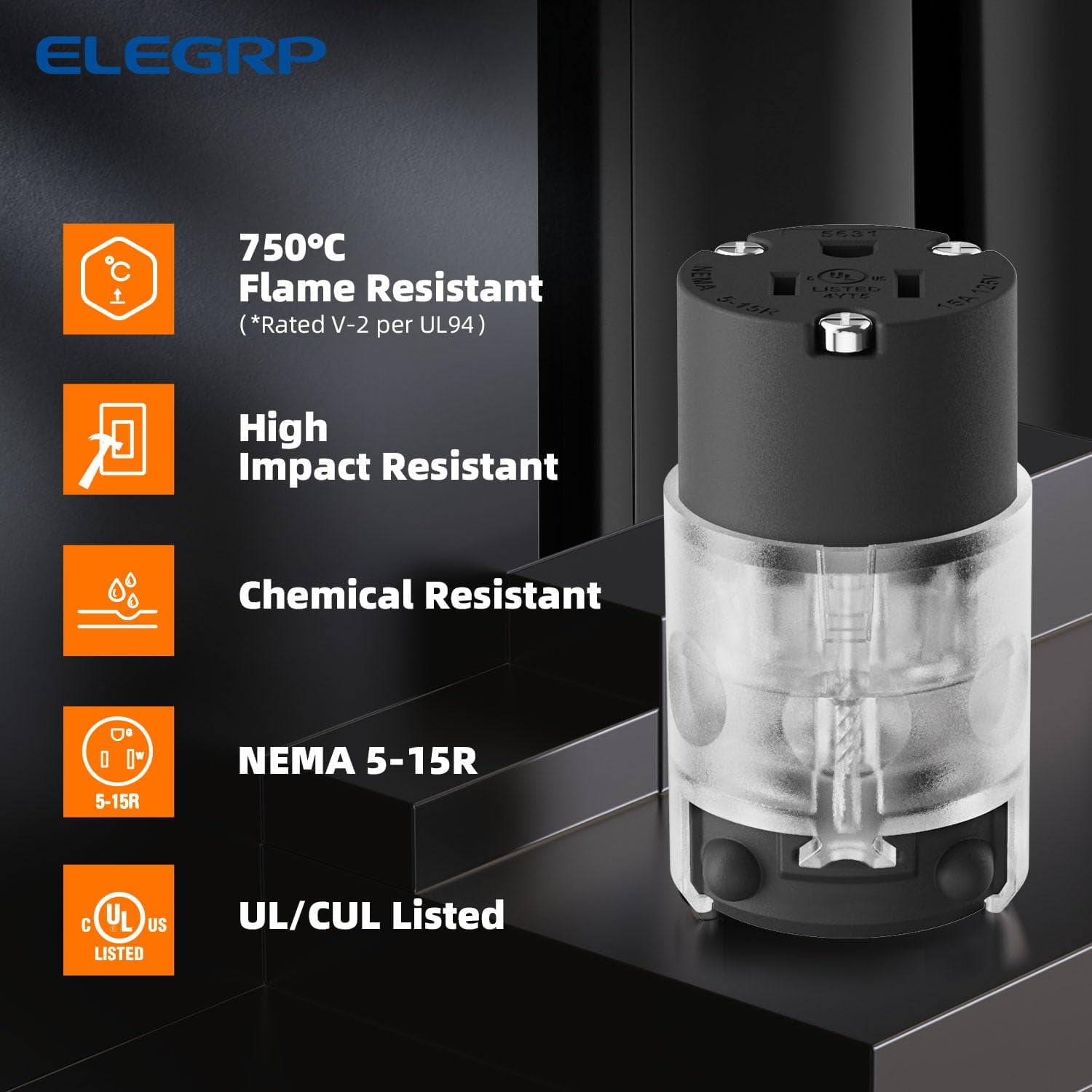 TRH-Lighted Straight Blade Connectors, 15 Amp 125 Volt NEMA 5-15R 2 ...