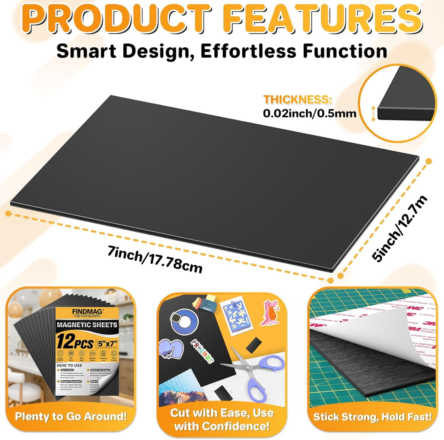 TRH-Magnet Sheets Adhesive, 5" x 7" 12 Pack Magnetic Stickers with 3M ...