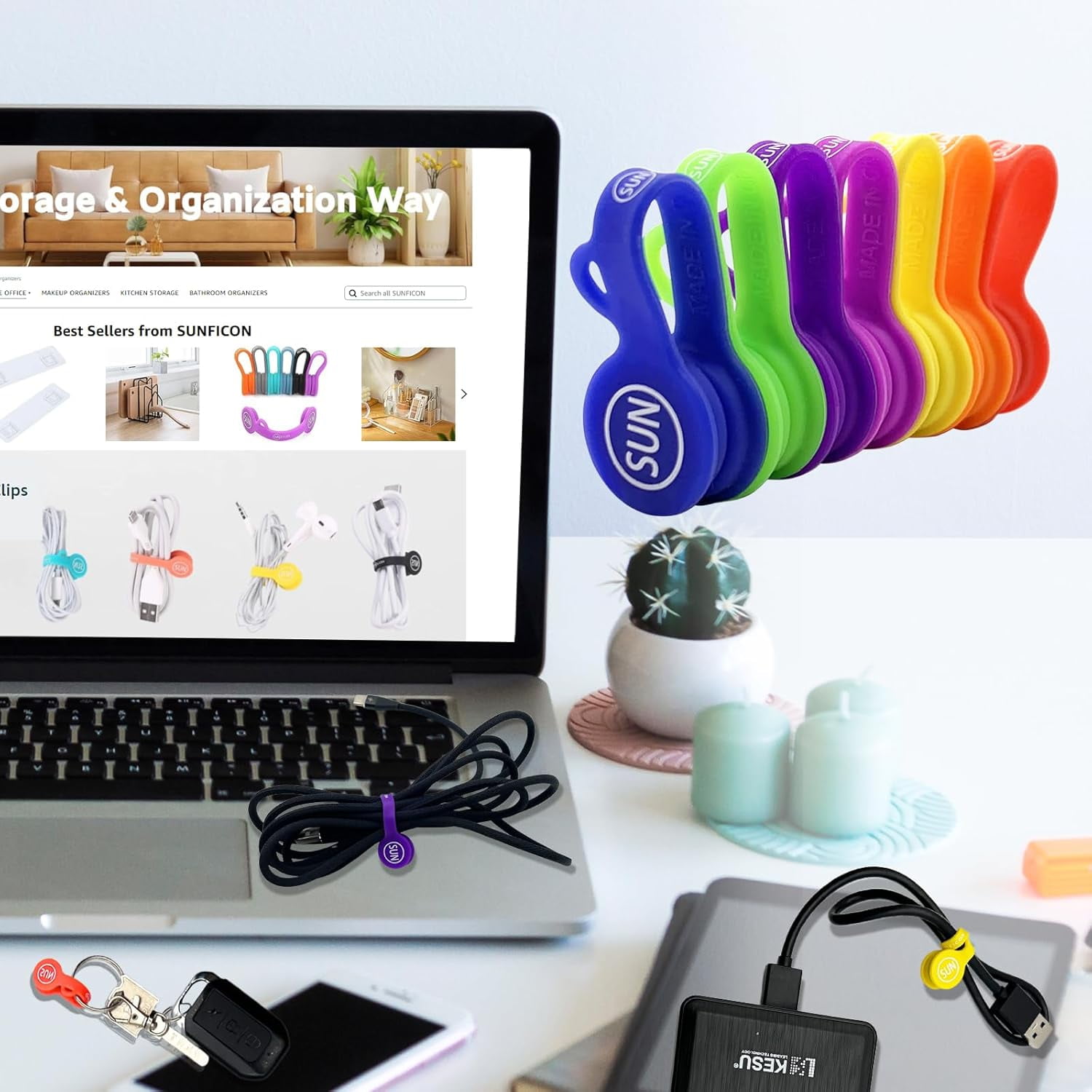 TRH-Magnetic Cable Clips Cable Organizers 7 Pack Rainbow Earbuds Cords ...