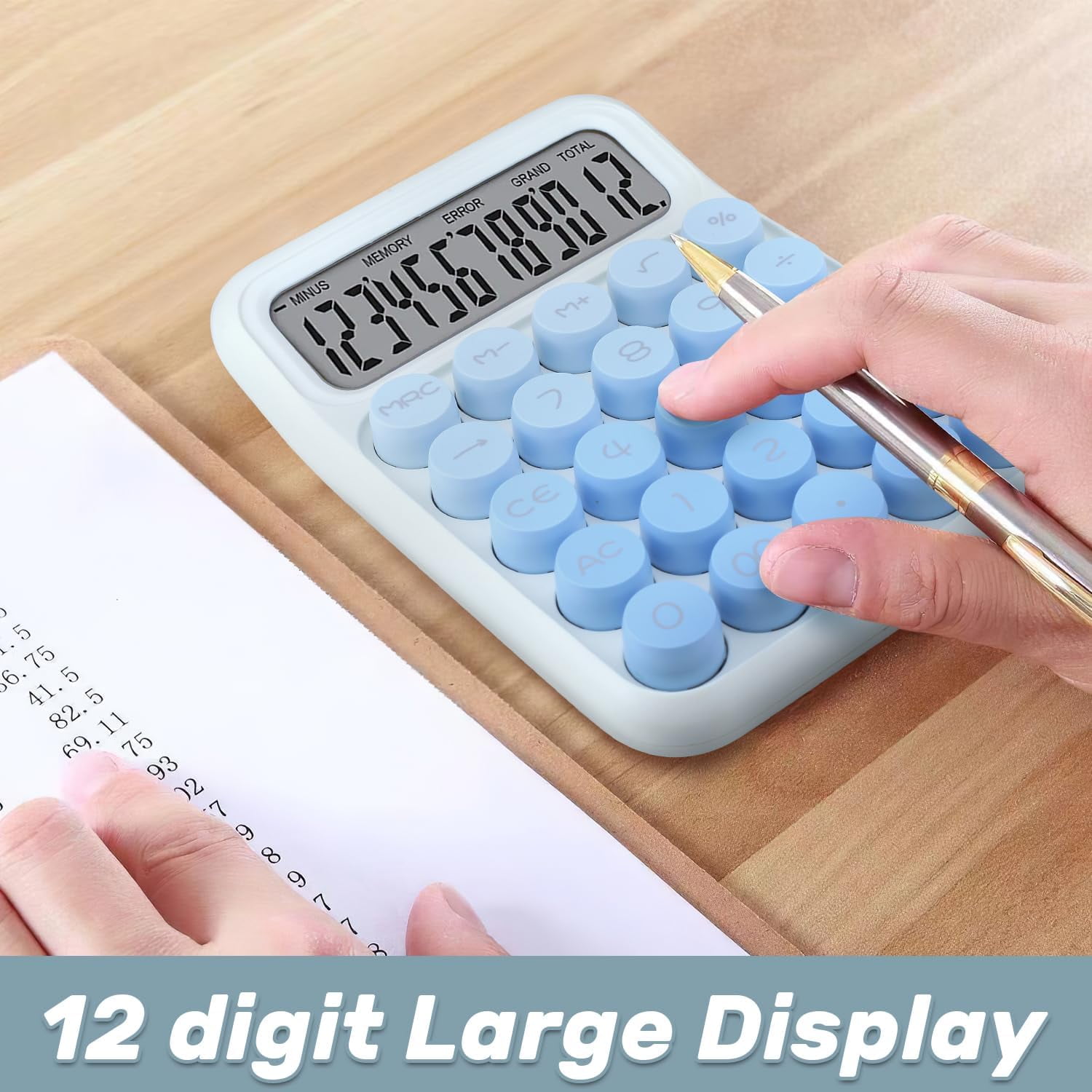 TRH-Mechanical Switch Calculator with Big Buttons, 12 Digits, Large LCD Display, Cute Pink ...