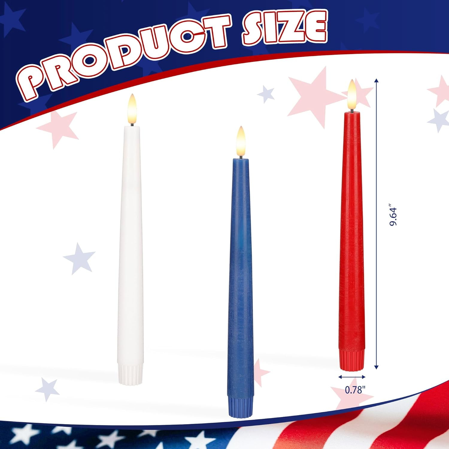 TRH-Patriotic Flameless Taper Candles With 3D Wick - 9.6" Real Wax Red ...