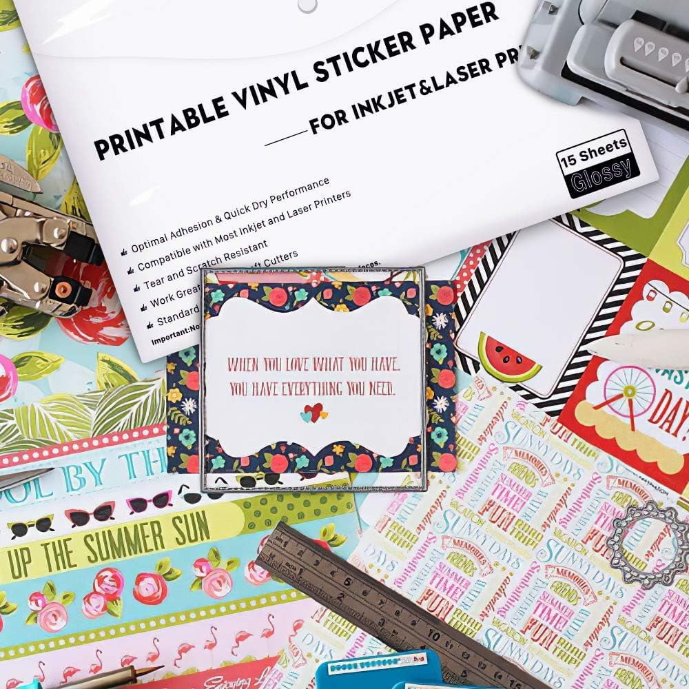 TRH-Printable Vinyl Sticker Paper - Waterproof Printable Vinyl for Laser & Inkjet Printer 15 ...