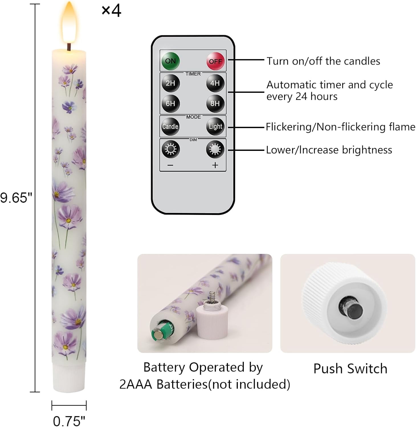 TRH-Purple Flowers Flameless Taper Candles with Remote Timer, LED Taper ...