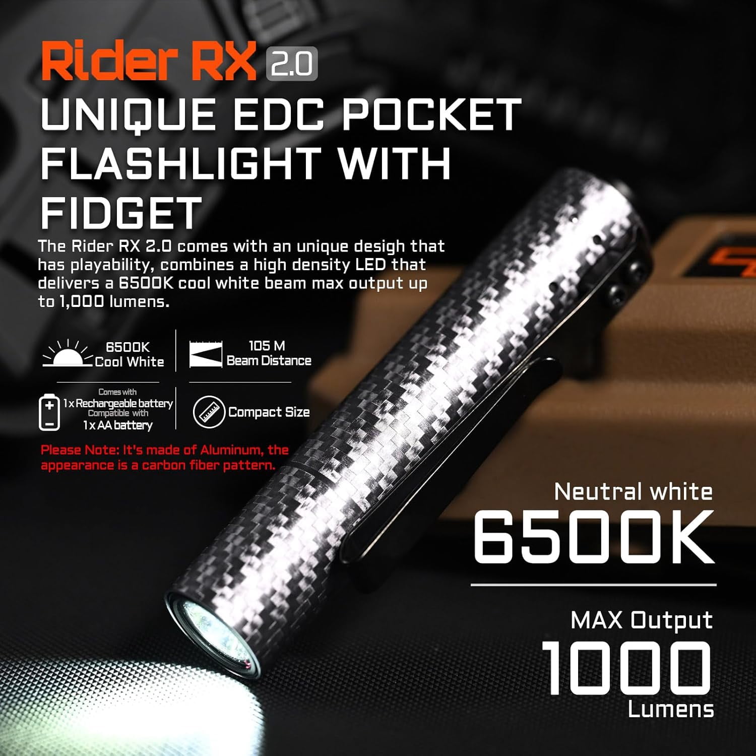 TRH-Rider RX 1000 High Lumens EDC AA Flashlight Rechargeable, Pocket ...