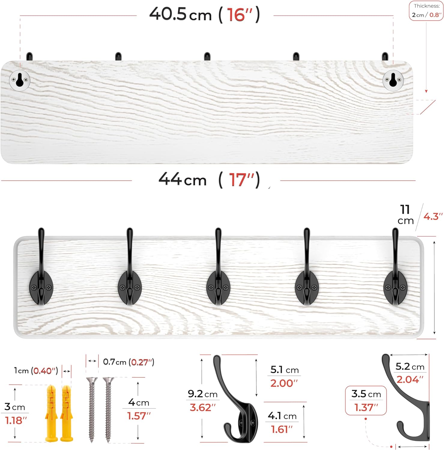 TRH-Rustic Coat Rack Wall Mount, 16” Hole to Hole Solid Pine White Wood ...