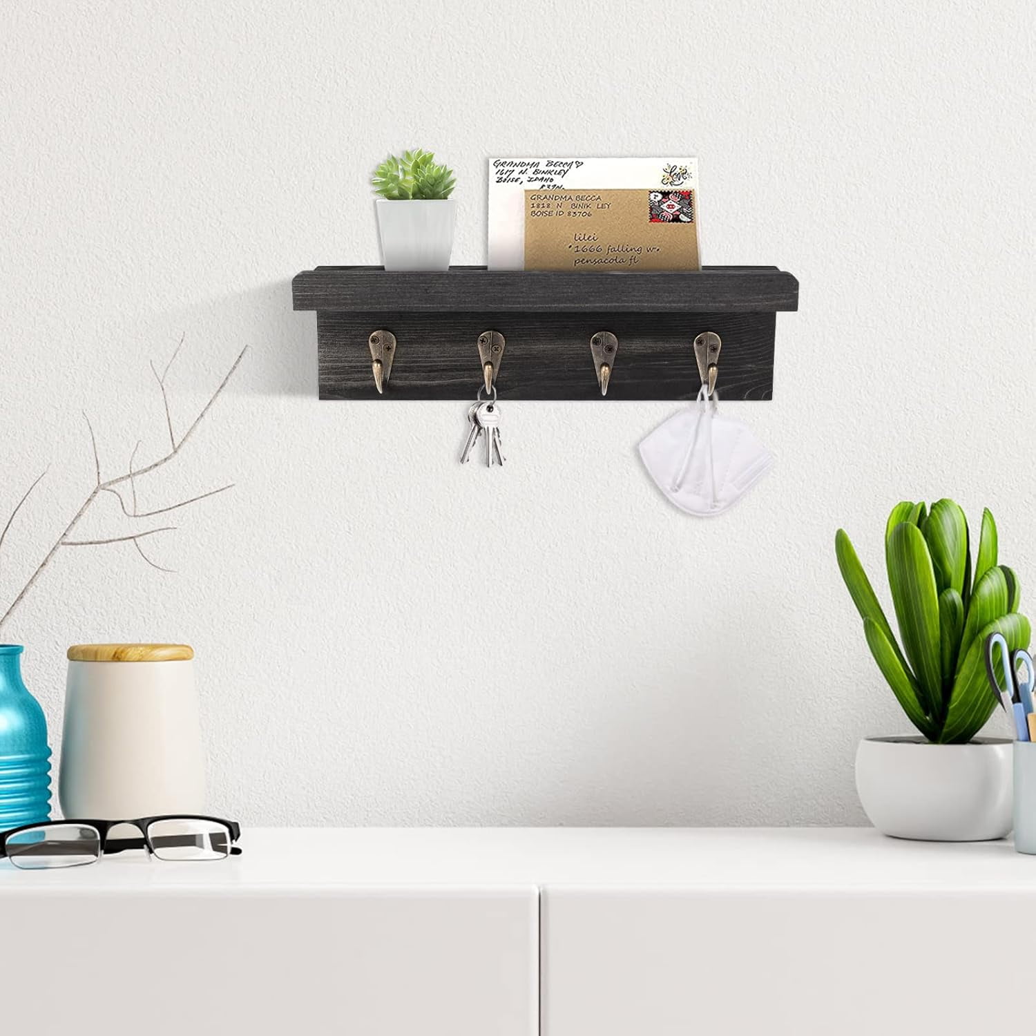 TRH-Rustic Key Holder for Wall, Farmhouse Wall Shelf with 4 Hooks, Wall ...